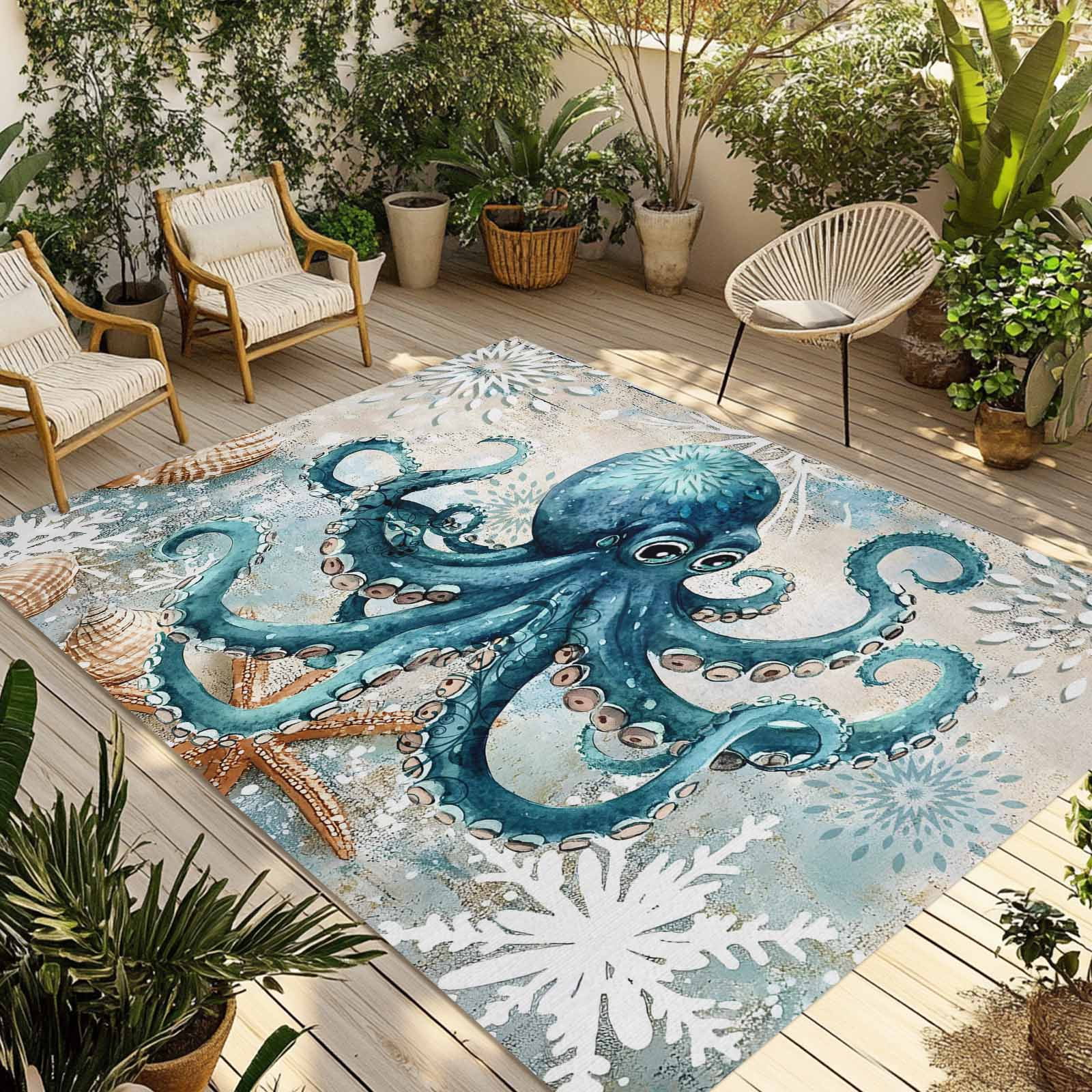 Fsddascl Coastal Octopus Outdoor Rug for Patio/Deck/Porch, Non-Slip ...