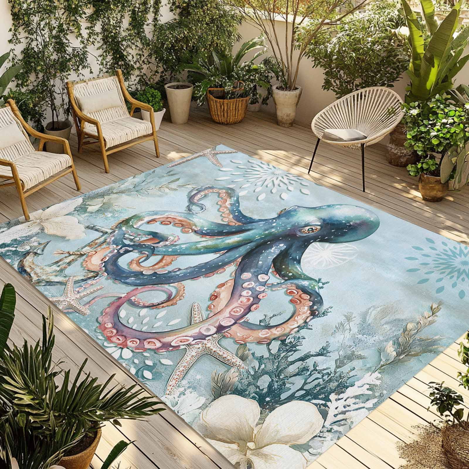 Fsddascl Coastal Octopus Outdoor Rug for Patio/Deck/Porch, Non-Slip ...