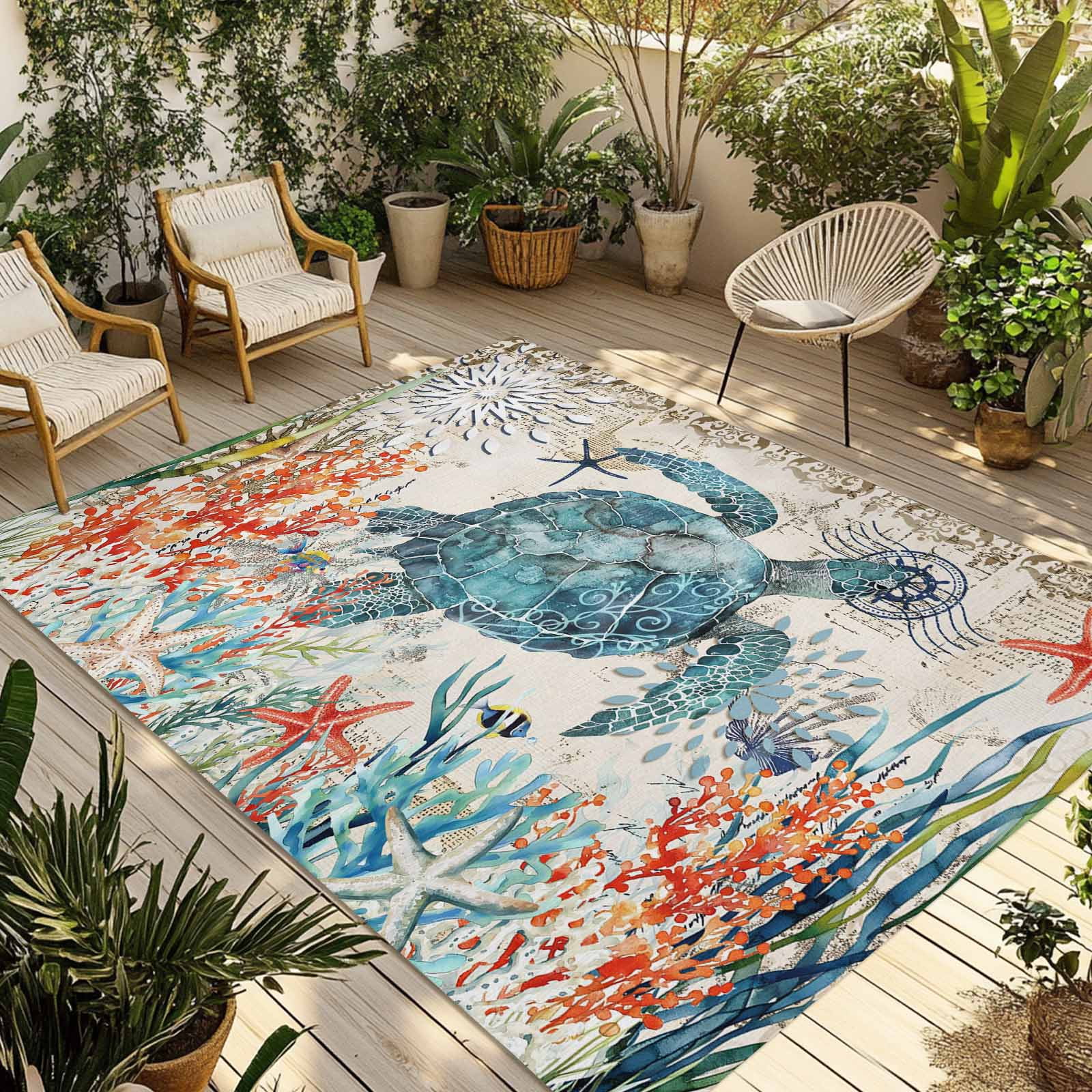 Fsddascl Coastal Sea Turtle Outdoor Rug for Patio/Deck/Porch, Non-Slip ...