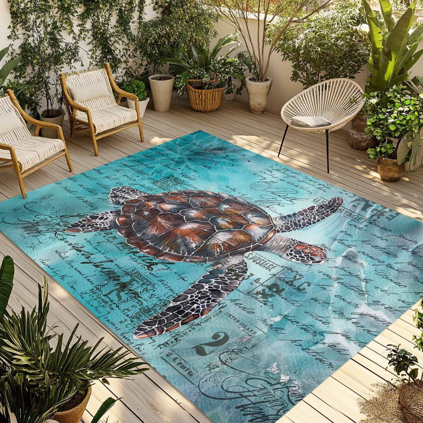 Fsddascl Coastal Sea Turtle Outdoor Rug for Patio/Deck/Porch, Non-Slip ...