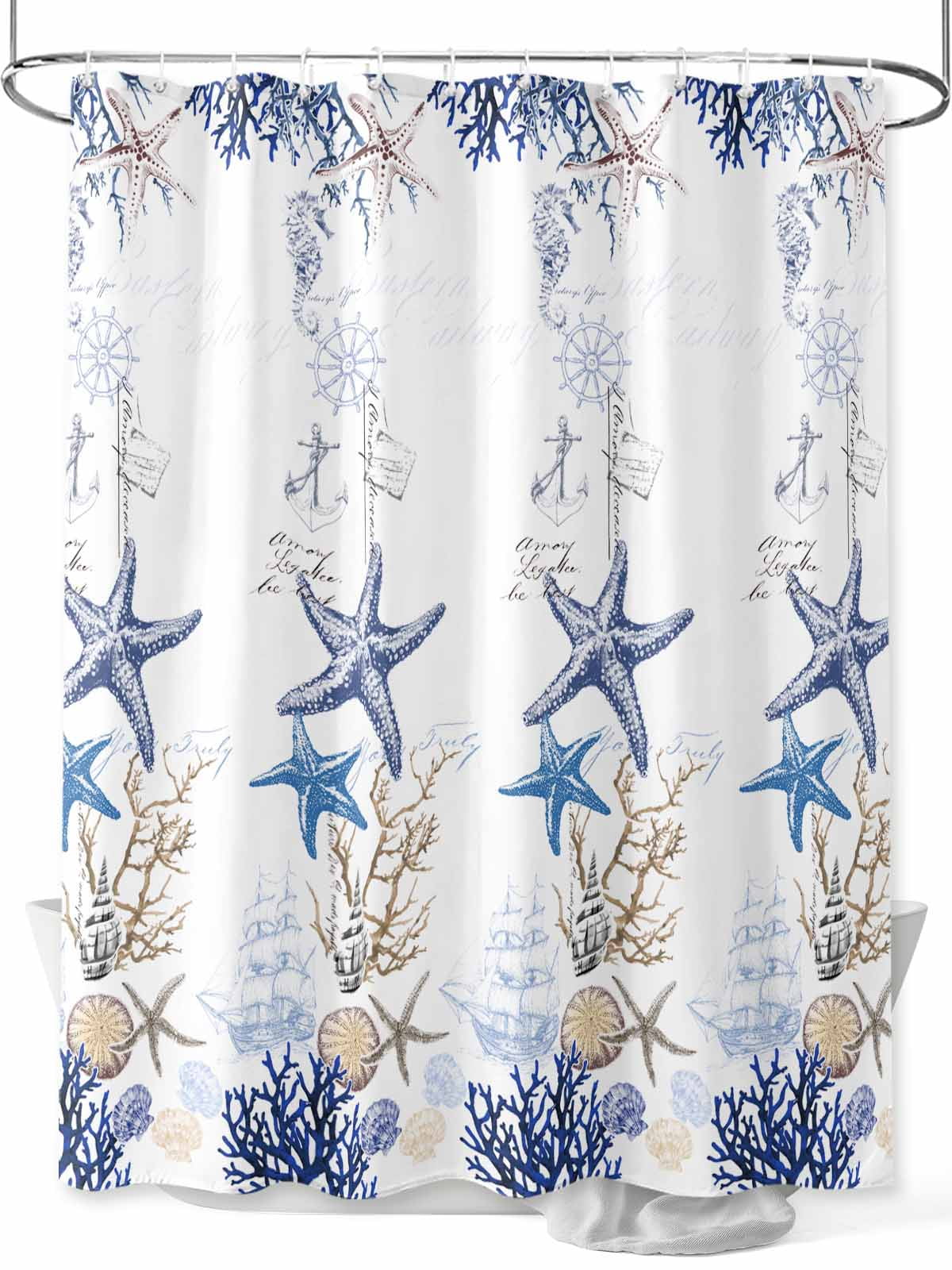 Fsddascl Coastal Starfish Shower Curtain Set - 48" x 72" Washable Bathtub Curtain with 12 Hooks ...