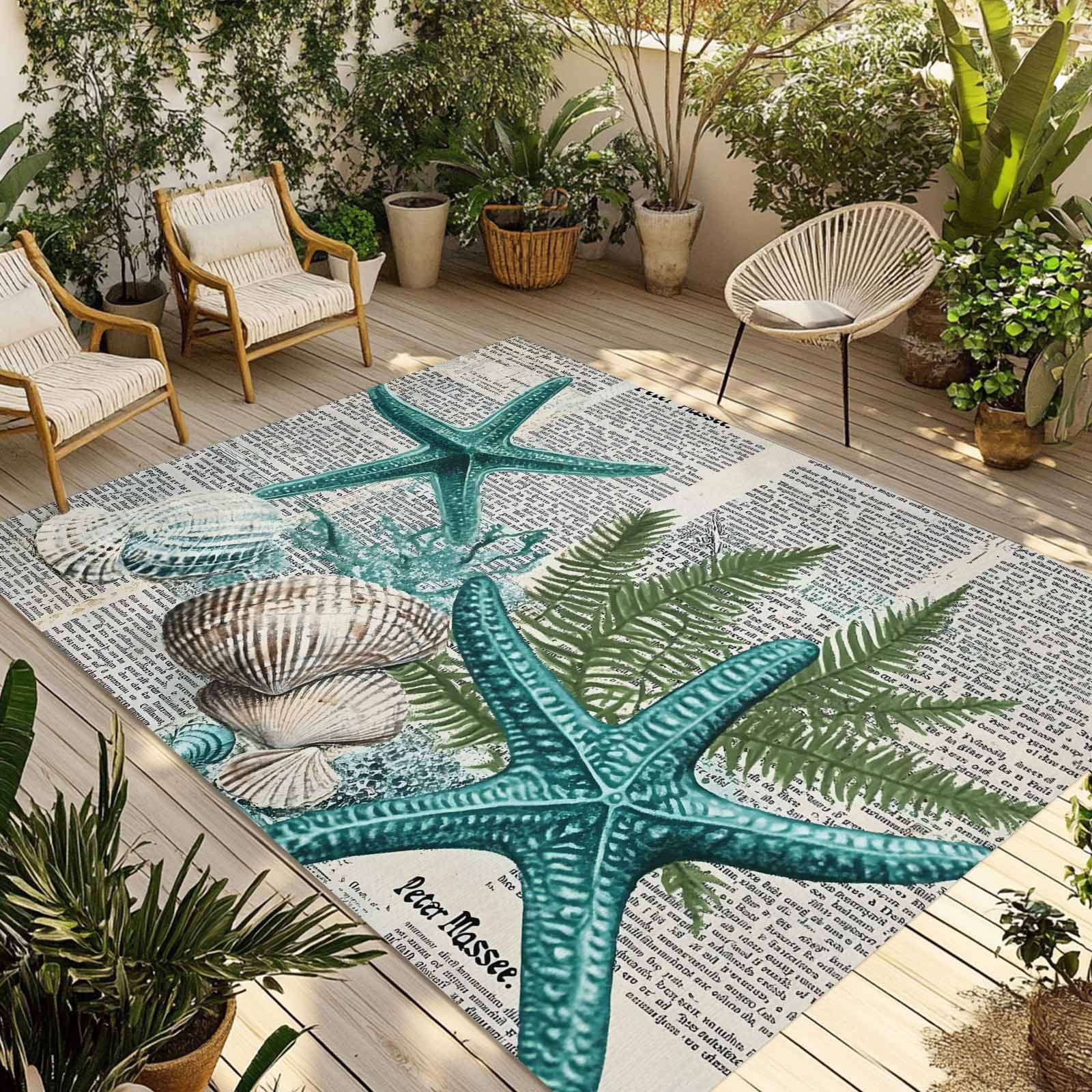 Fsddascl Coastal Teal Starfish Outdoor Rug for Patio/Deck/Porch, Non ...