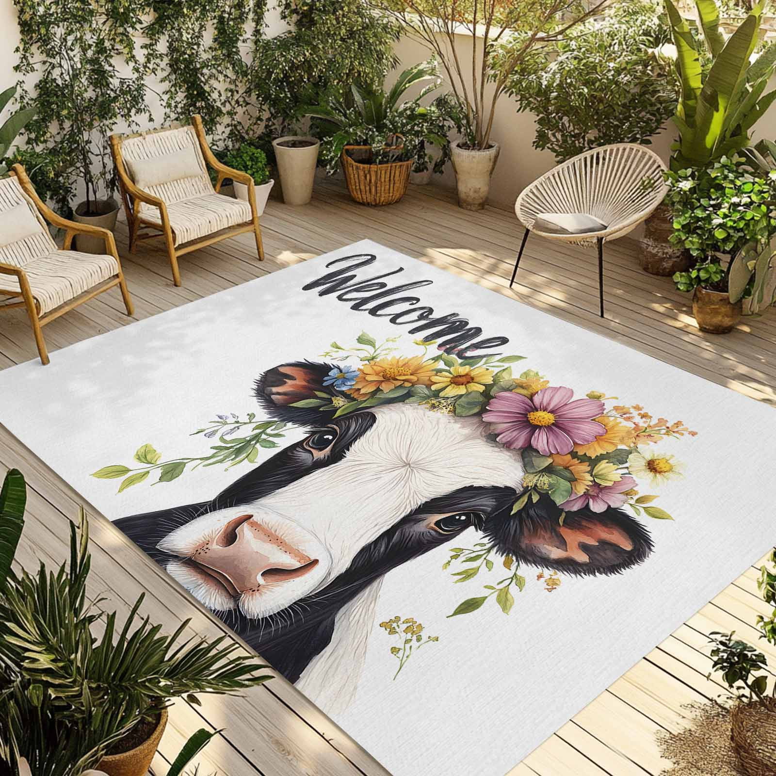 Fsddascl Cow Flower Outdoor Rug for Patio/Deck/Porch, Non-Slip Large ...
