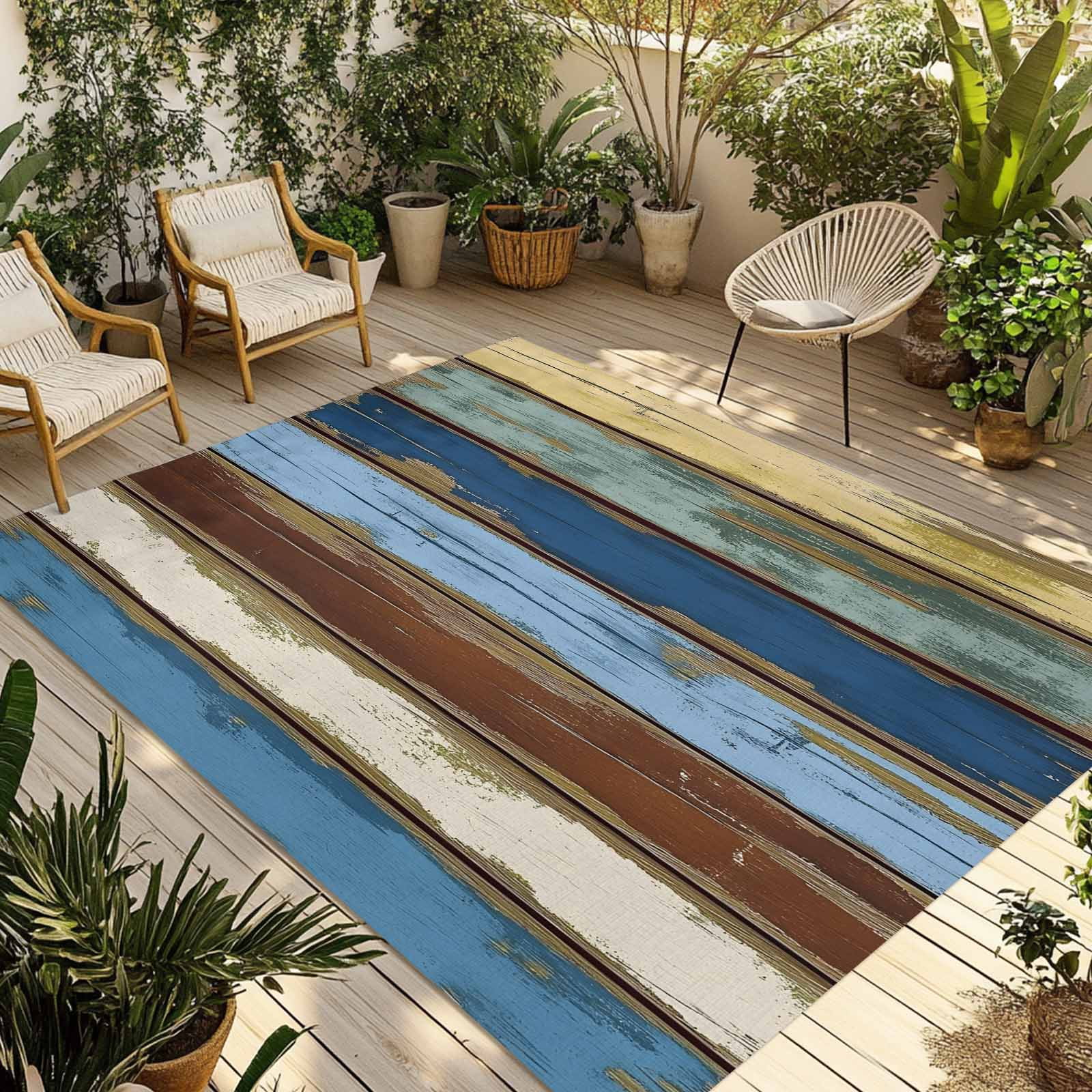 Fsddascl Farmhouse Blue Teal Brown Outdoor Rug for Patio/Deck/Porch ...