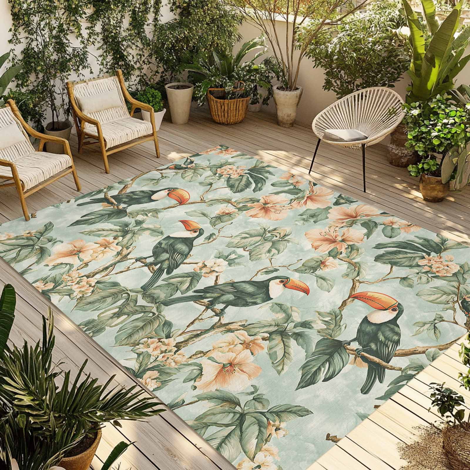 Fsddascl Flower Bird Outdoor Rug for Patio/Deck/Porch, Non-Slip Large ...
