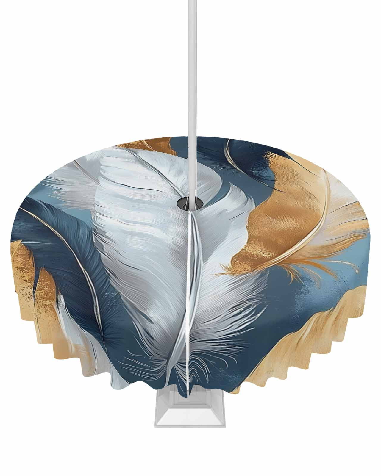 Fsddascl Gold Blue Feather Outdoor Tablecloth - 60 Inch Round Dining ...