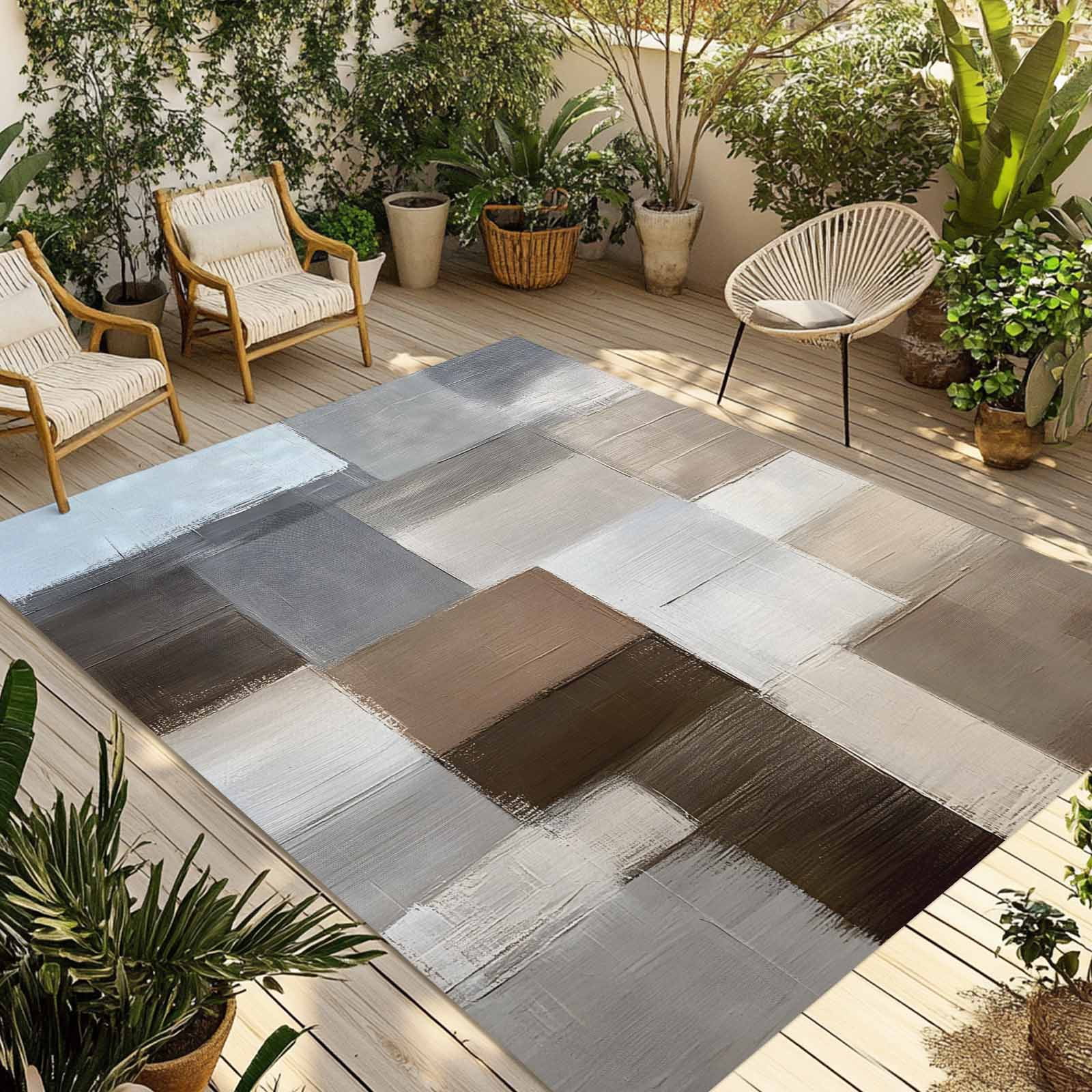 Fsddascl Grey Brown Color Blocks Outdoor Rug for Patio/Deck/Porch, Non ...