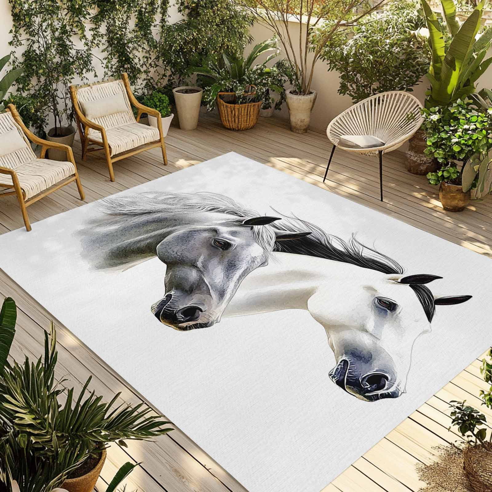 Fsddascl Horse Print Outdoor Rug for Patio/Deck/Porch, Non-Slip Large ...