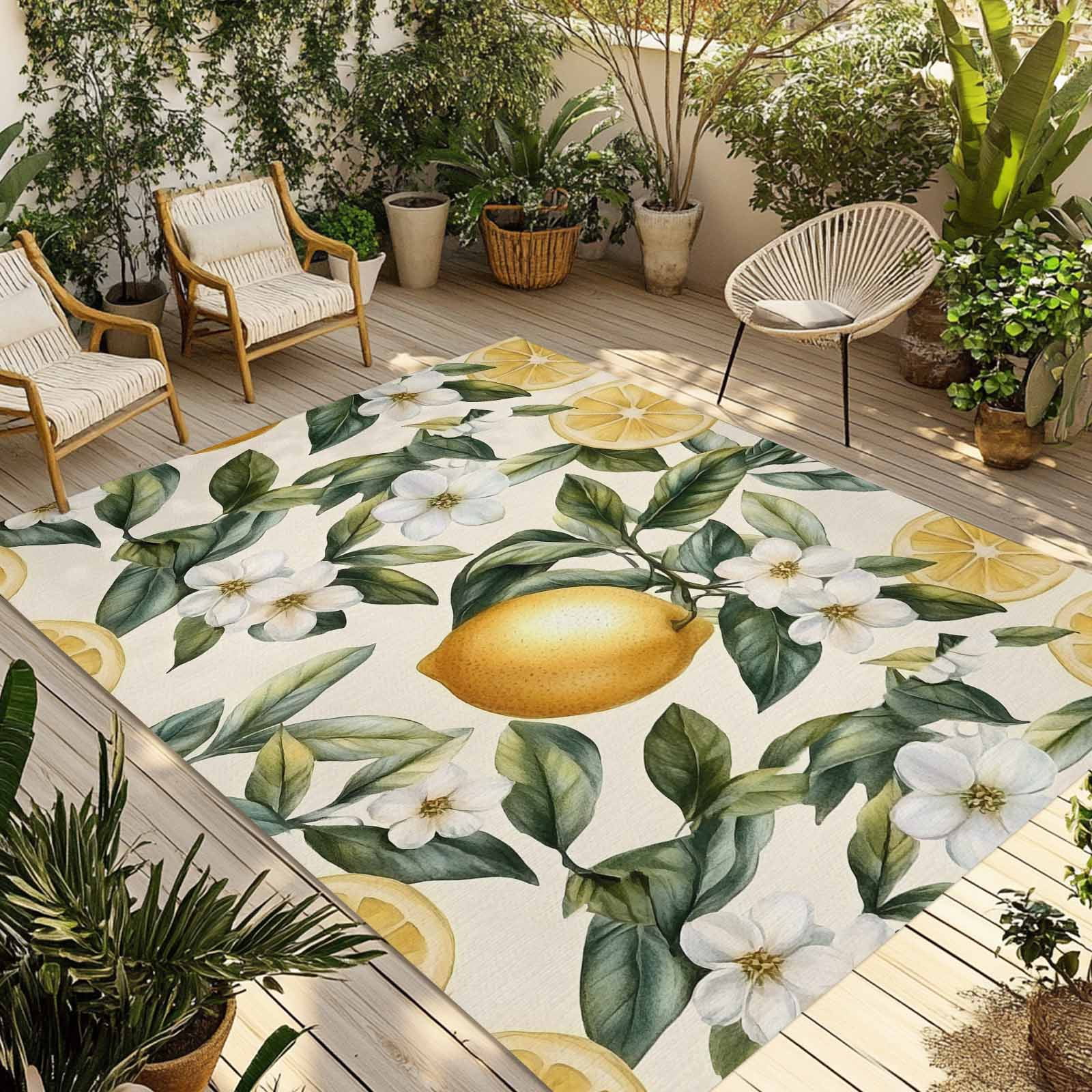 Fsddascl Lemon Floral Outdoor Rug for Patio/Deck/Porch, Non-Slip Large ...