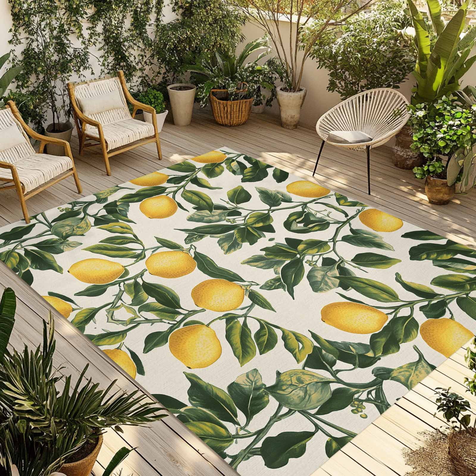 Fsddascl Lemon Leaves Outdoor Rug for Patio/Deck/Porch, Non-Slip Large ...