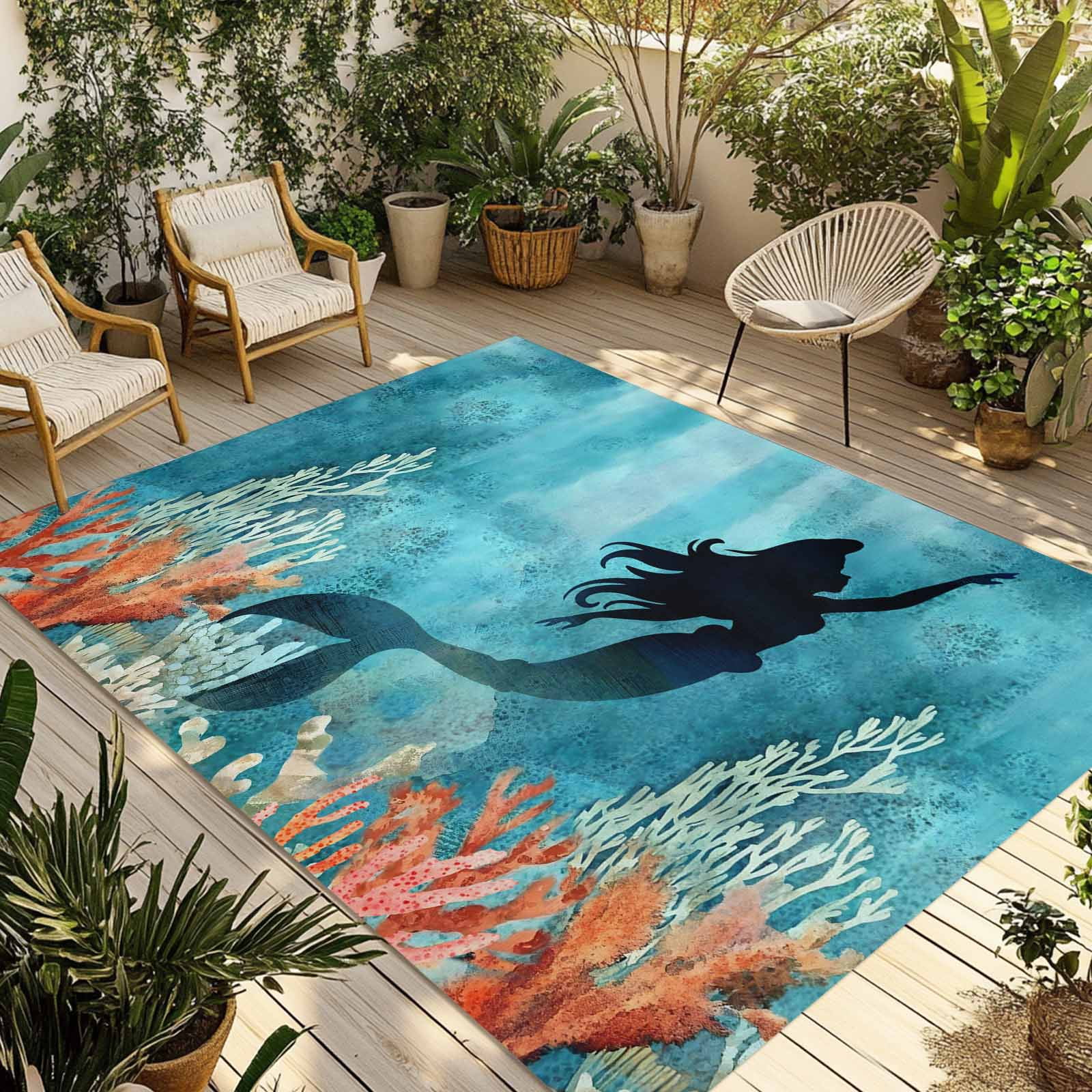 Fsddascl Mermaid Silhouette Outdoor Rug for Patio/Deck/Porch, Non-Slip ...