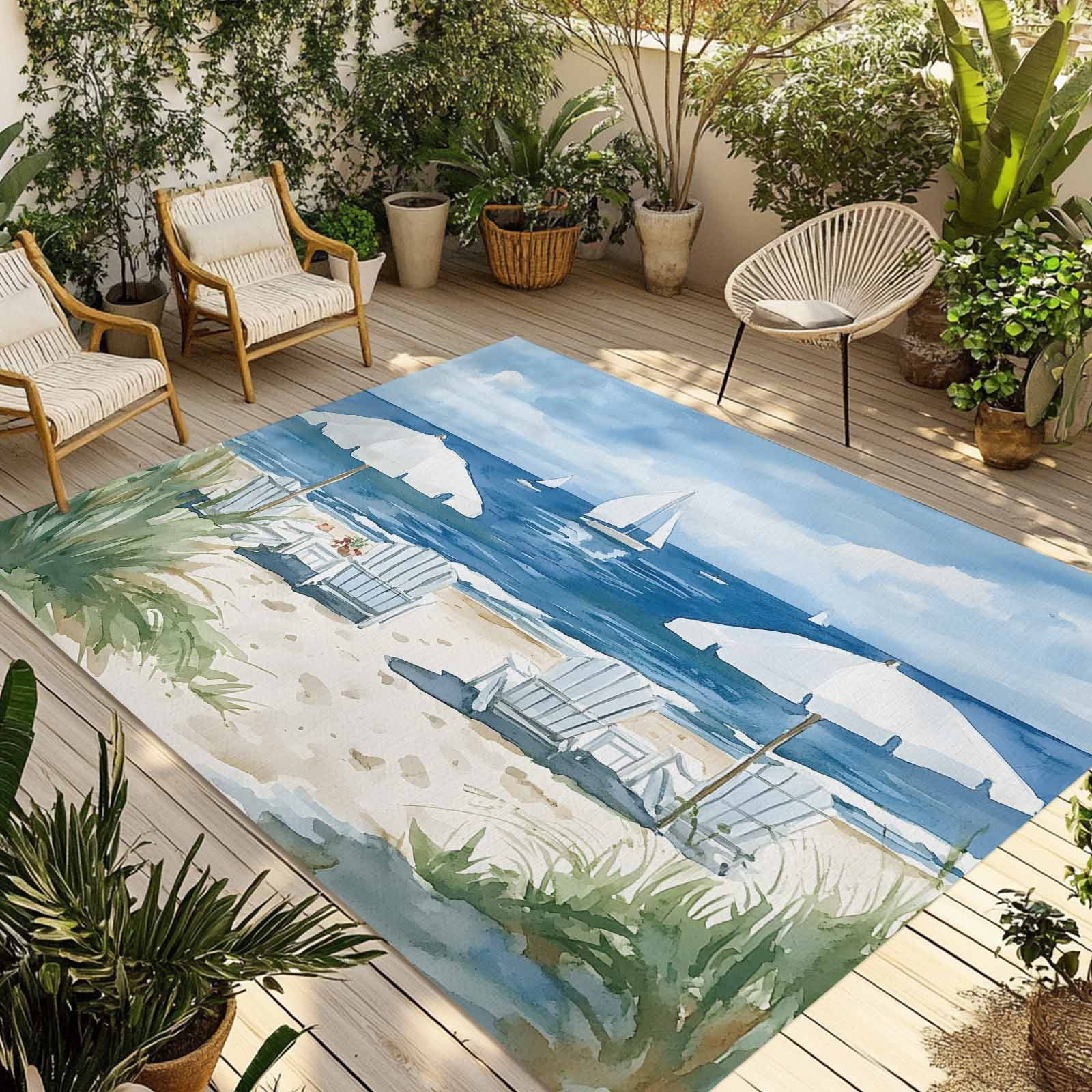 Fsddascl Nautical Sea Wave Blue Outdoor Rug for Patio/Deck/Porch, Non ...