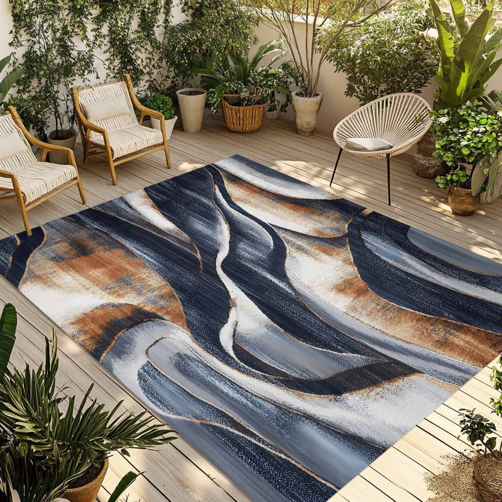 Fsddascl Navy Blue Abstract Art Outdoor Rug for Patio/Deck/Porch, Non ...