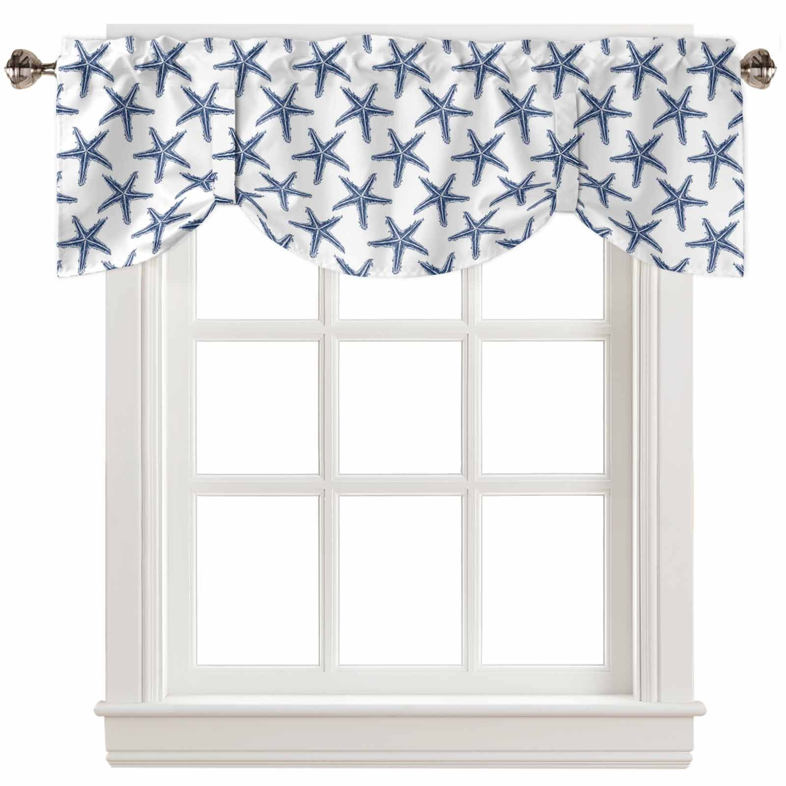 Fsddascl Navy Blue Beach Starfish Tie Up Valance Curtains for Windows ...