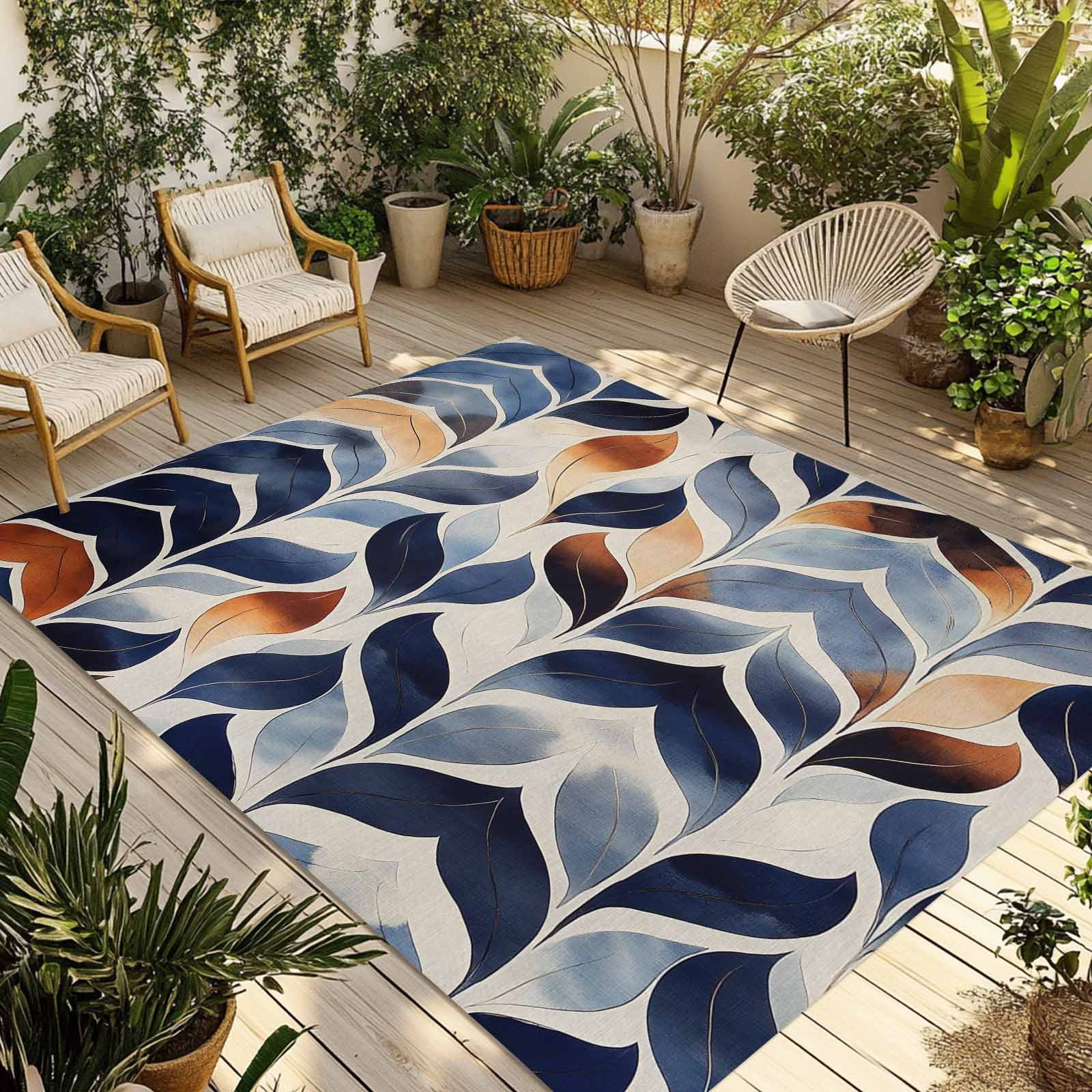 Fsddascl Navy Blue Burnt Orange Botanical Outdoor Rug for Patio/Deck ...