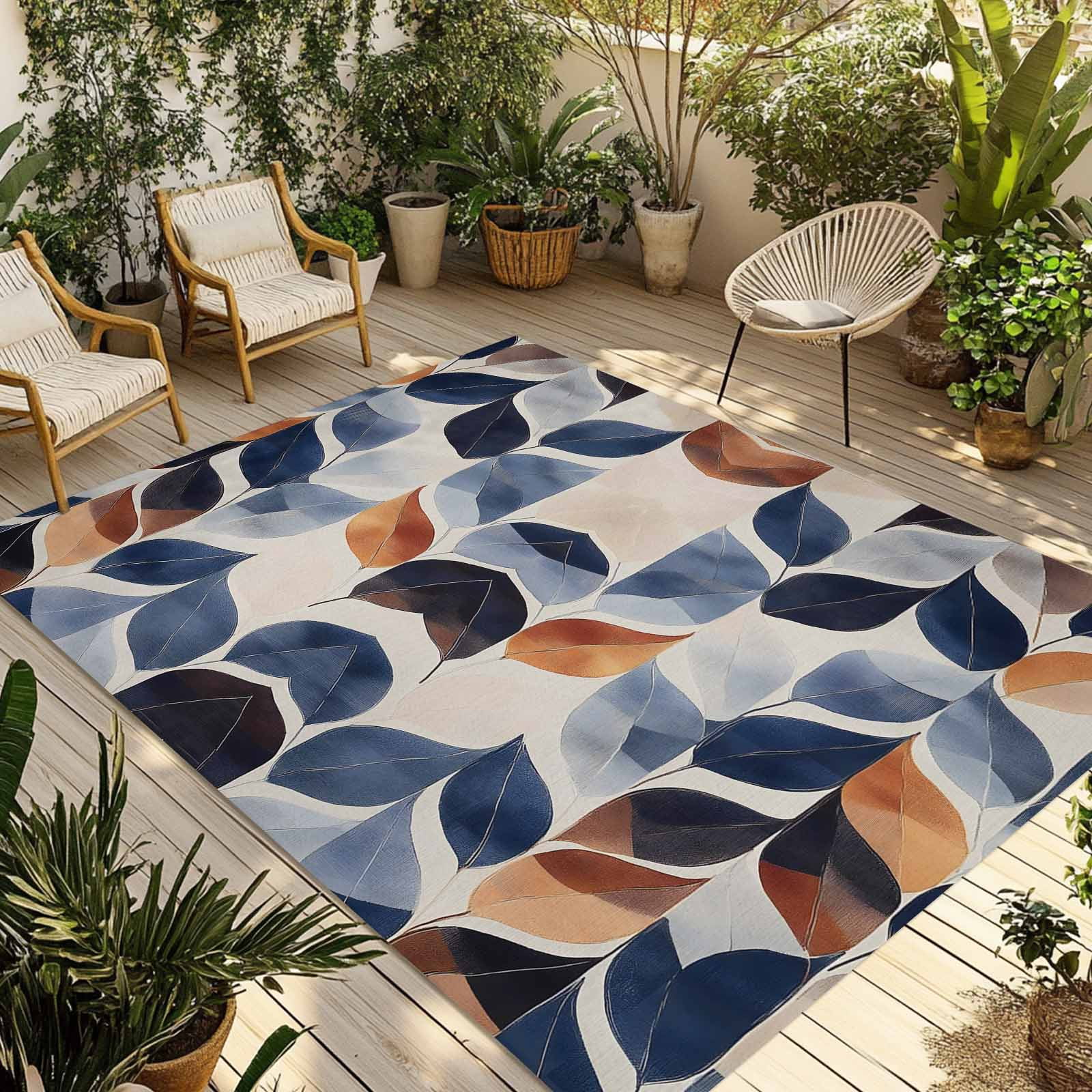 Fsddascl Navy Blue Burnt Orange Botanical Outdoor Rug for Patio/Deck ...