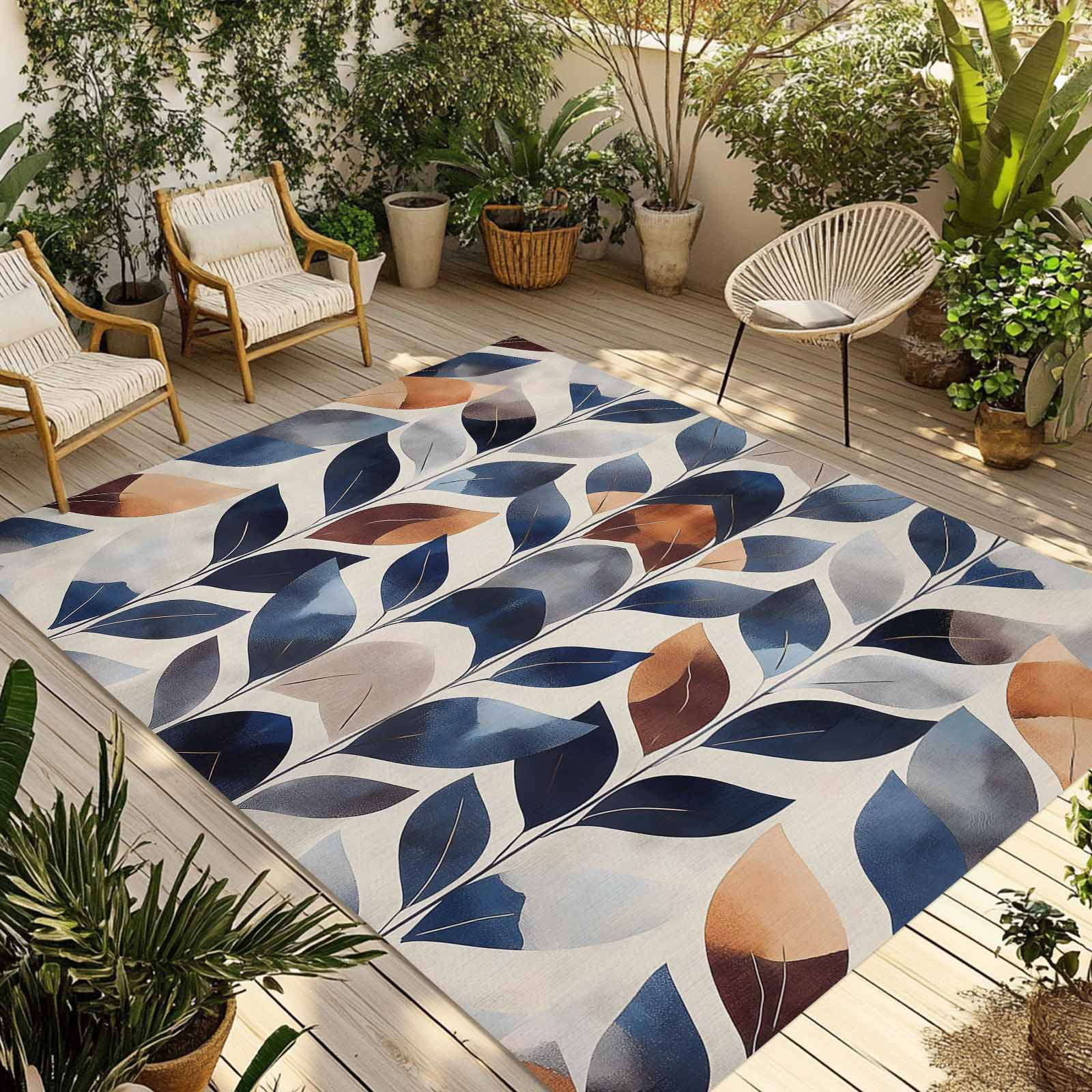 Fsddascl Navy Blue Burnt Orange Outdoor Rug for Patio/Deck/Porch, Non ...