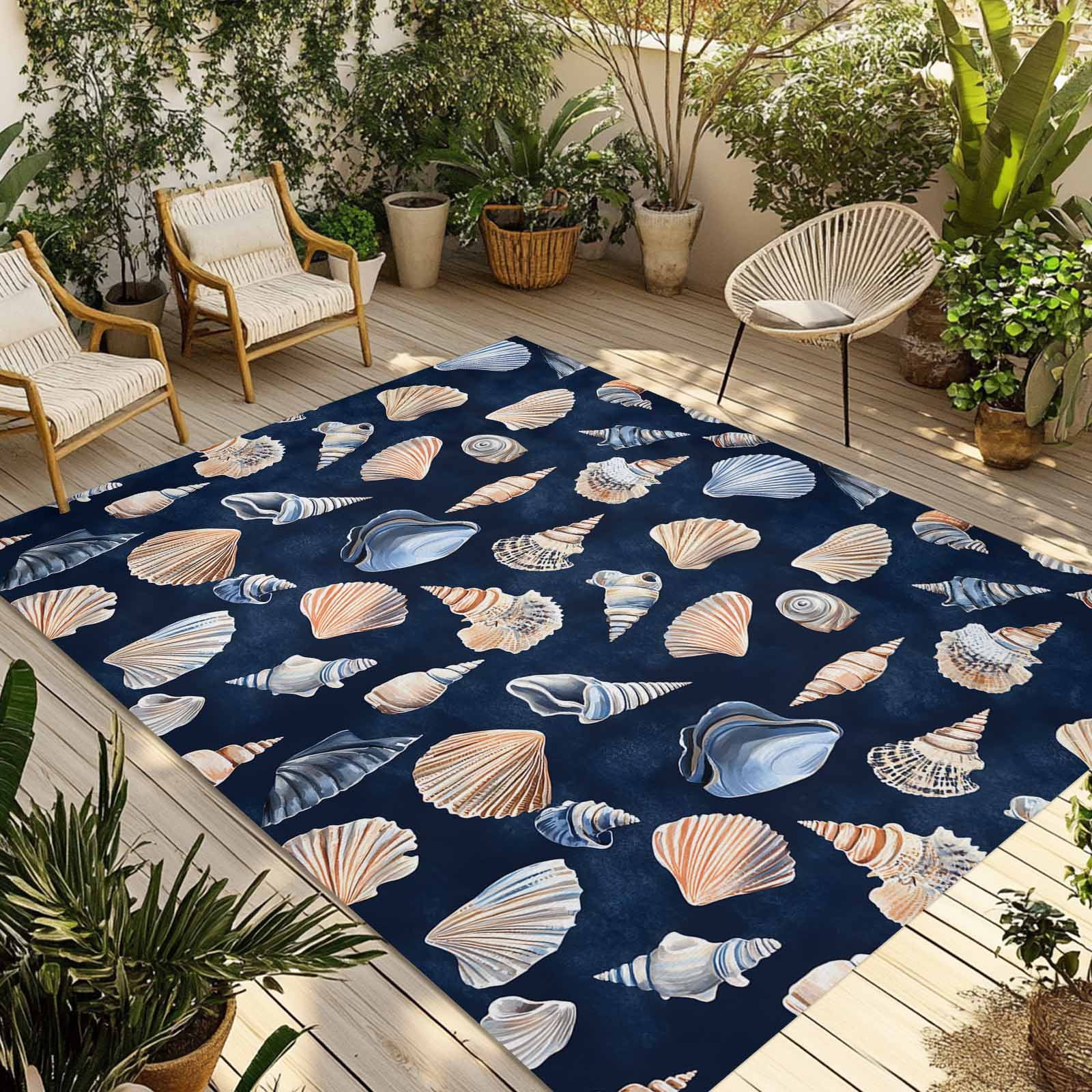 Fsddascl Navy Blue Coastal Outdoor Rug for Patio/Deck/Porch, Non-Slip Large Area Rug 4 x 6 Ft ...