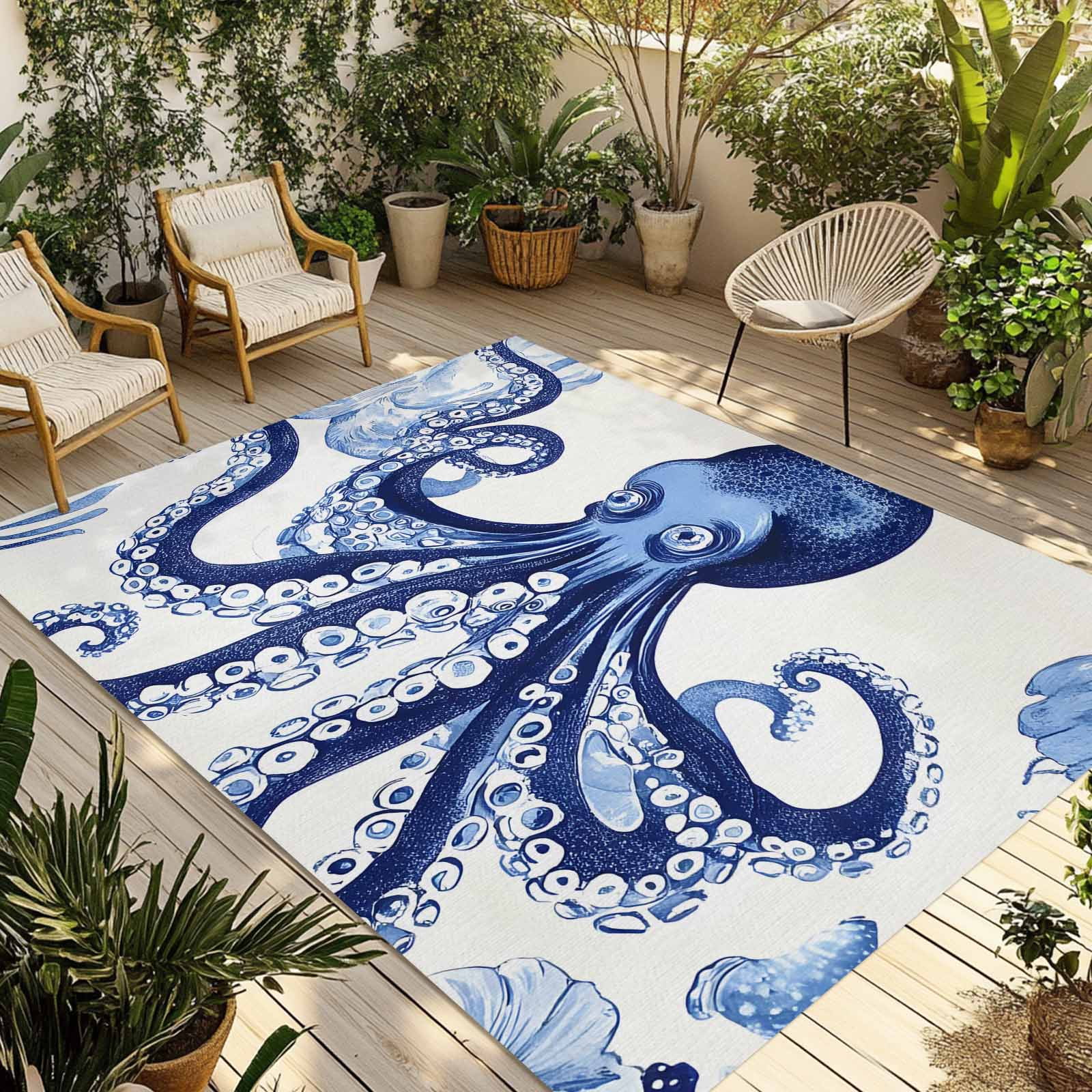 Fsddascl Navy Blue Octopus Coastal Outdoor Rug for Patio/Deck/Porch ...