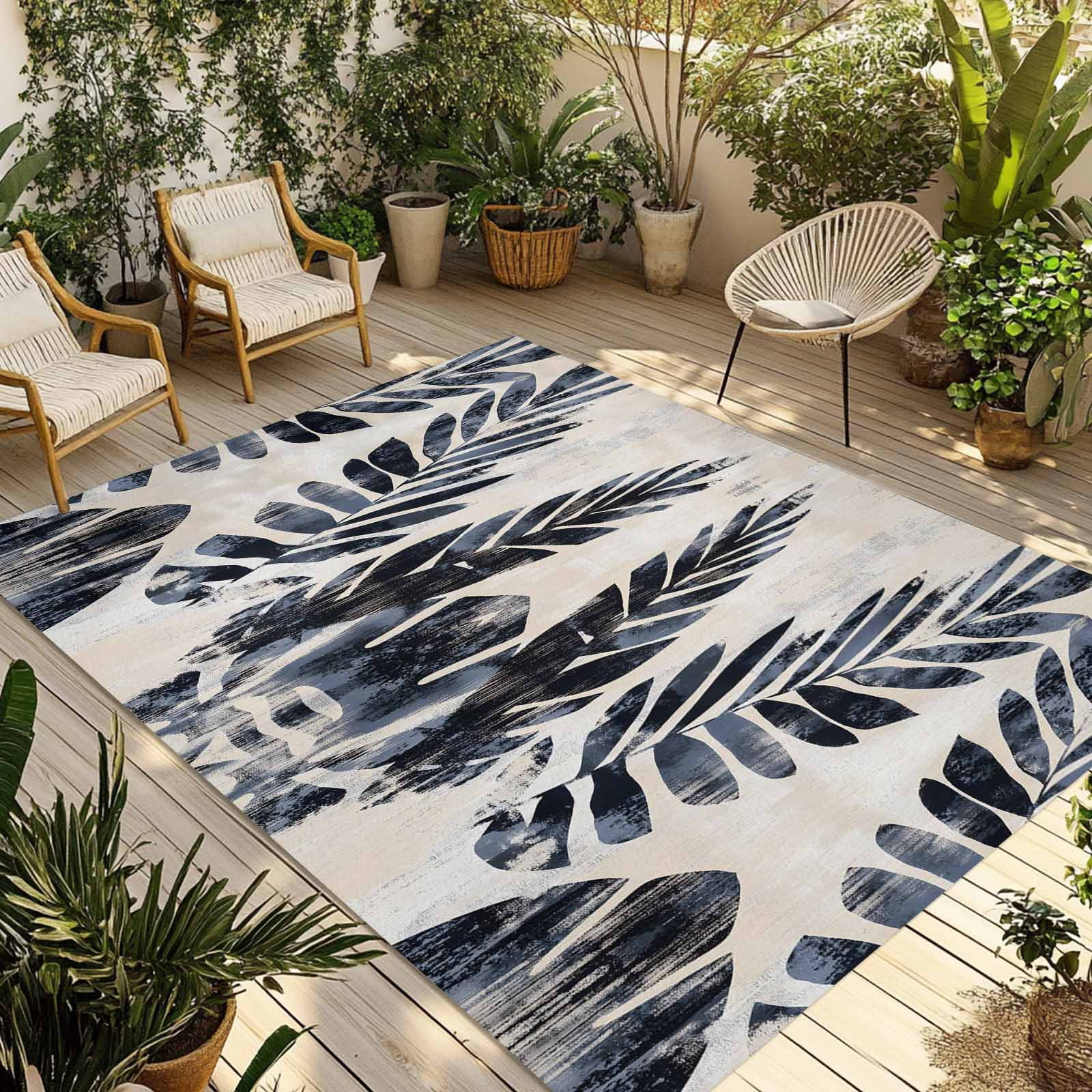 Fsddascl Navy Blue Palm Leaf Outdoor Rug for Patio/Deck/Porch, Non-Slip ...