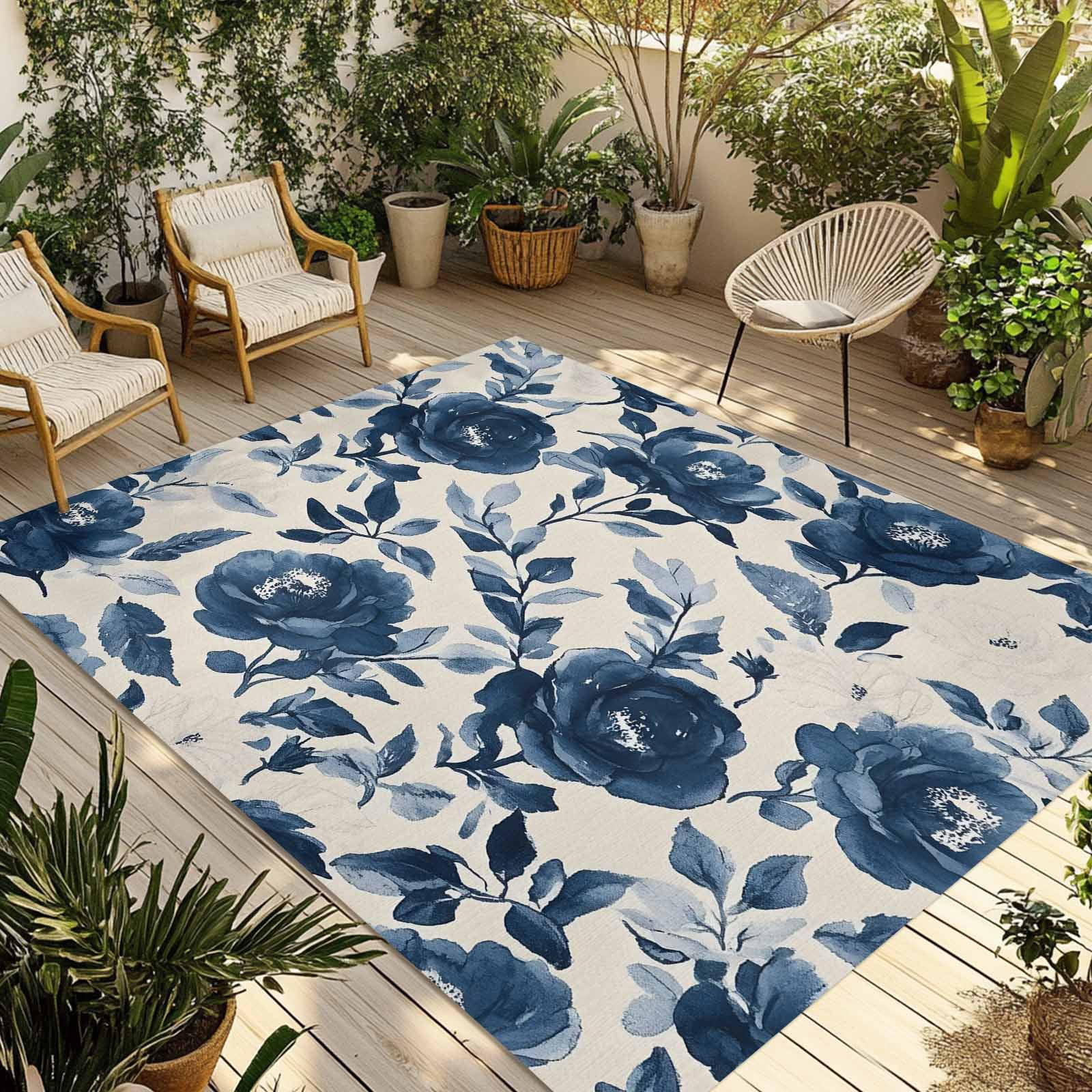 Fsddascl Navy Blue Peony Outdoor Rug for Patio/Deck/Porch, Non-Slip ...