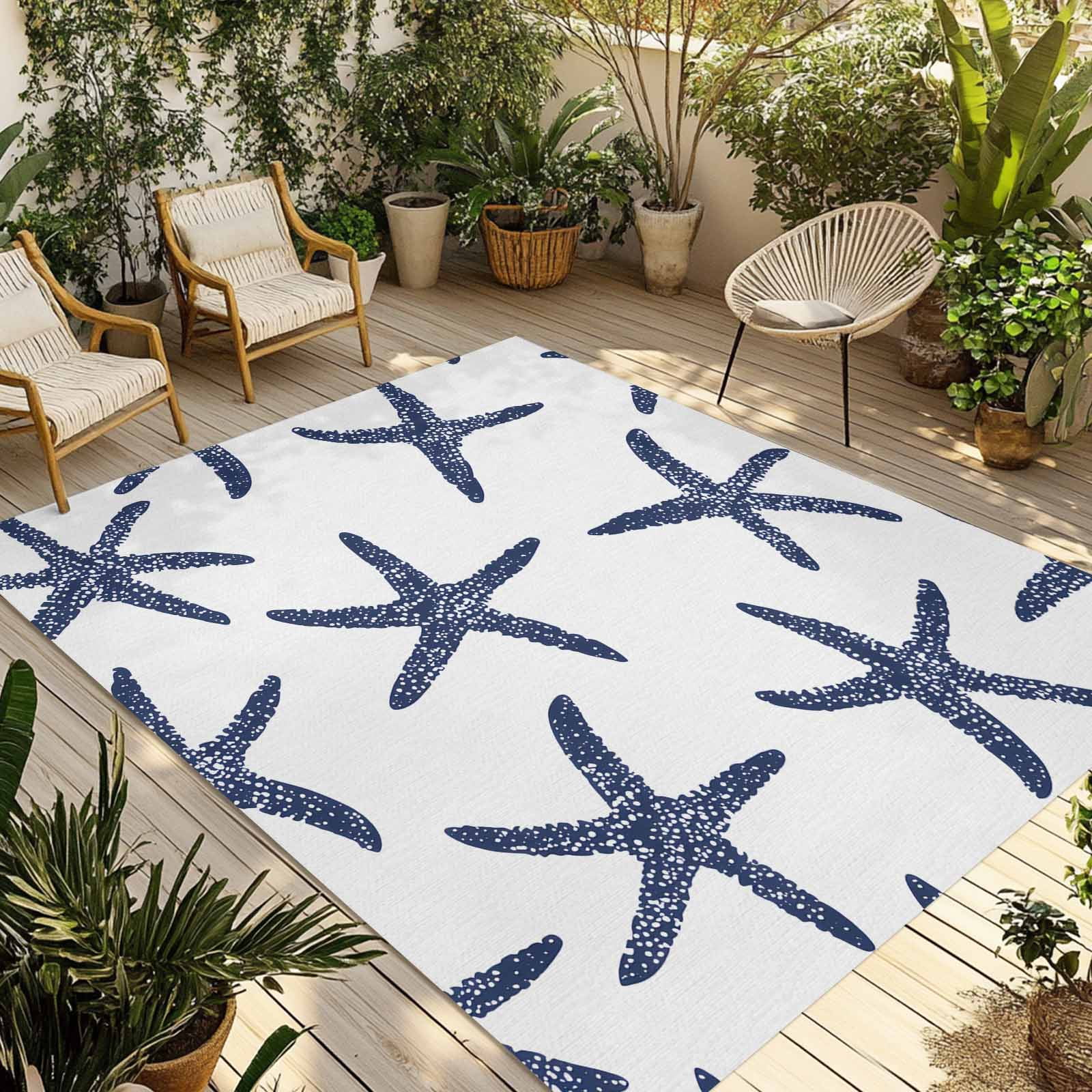 Fsddascl Navy Blue Starfish Coastal Outdoor Rug for Patio/Deck/Porch ...
