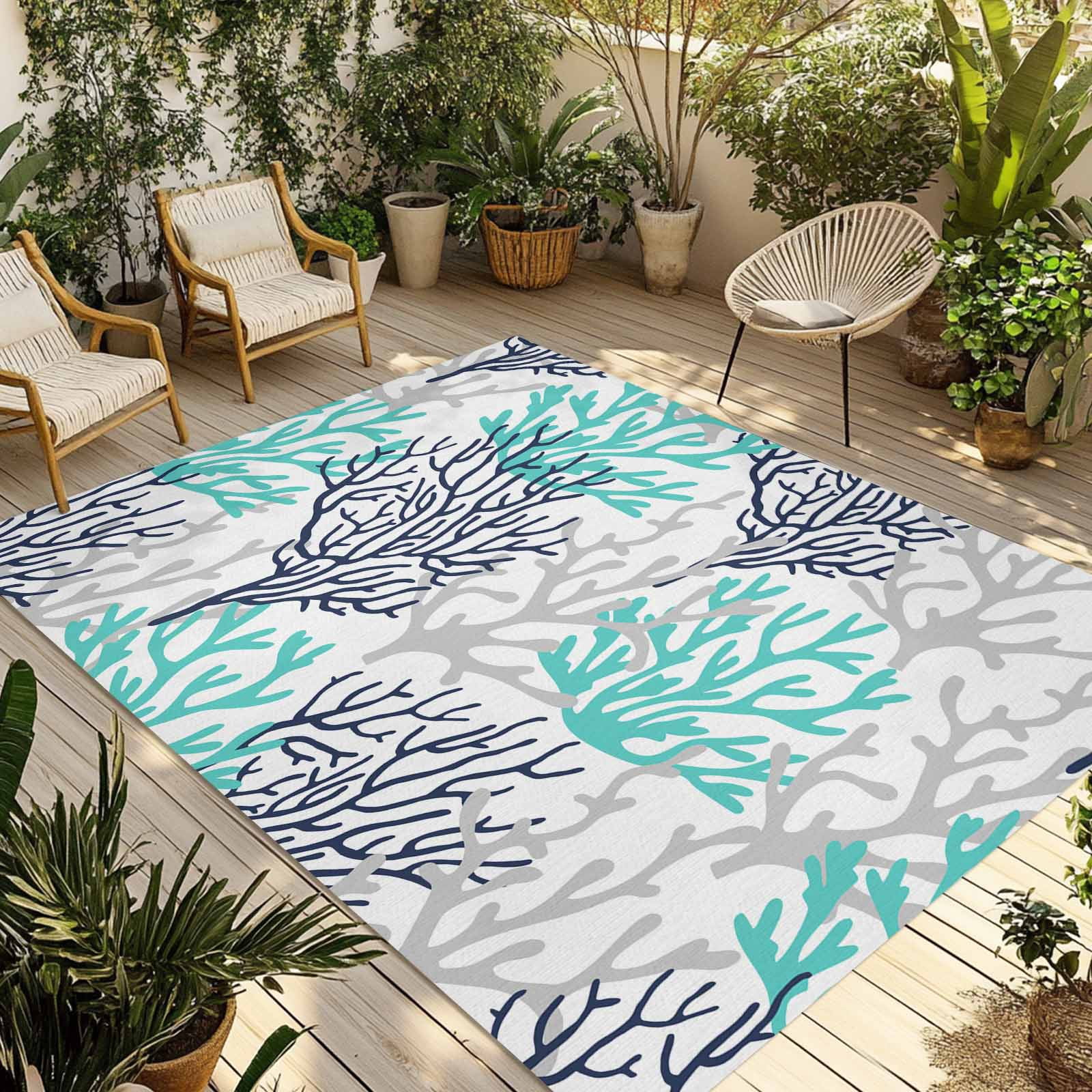 Fsddascl Navy Blue Teal Grey Coral Coastal Outdoor Rug for Patio/Deck ...