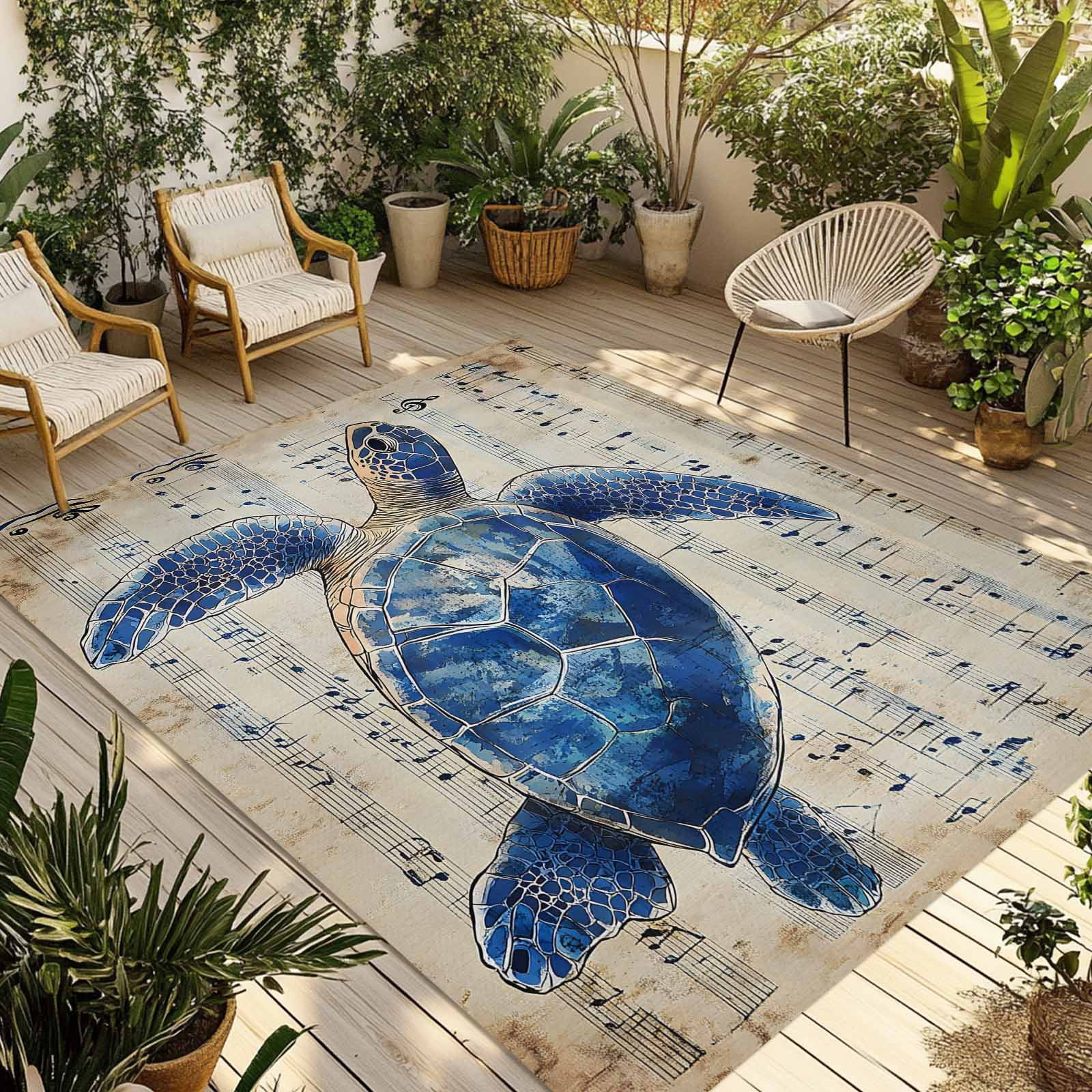 Fsddascl Navy Blue Turtle Coastal Outdoor Rug for Patio/Deck/Porch, Non ...