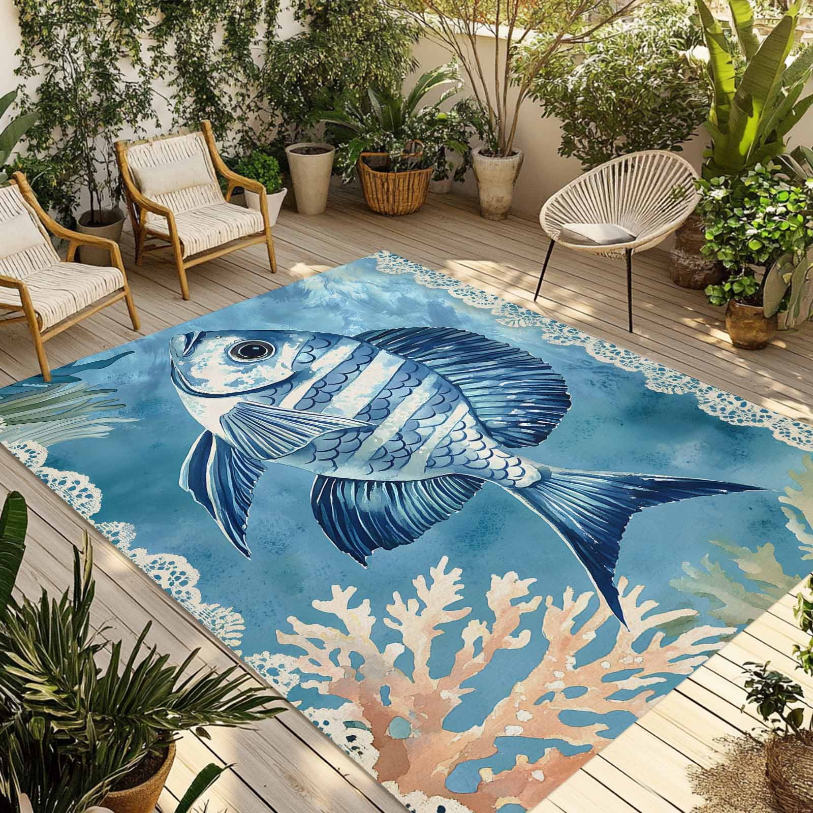 Fsddascl Ocean Blue Fish Outdoor Rug for Patio/Deck/Porch, Non-Slip ...