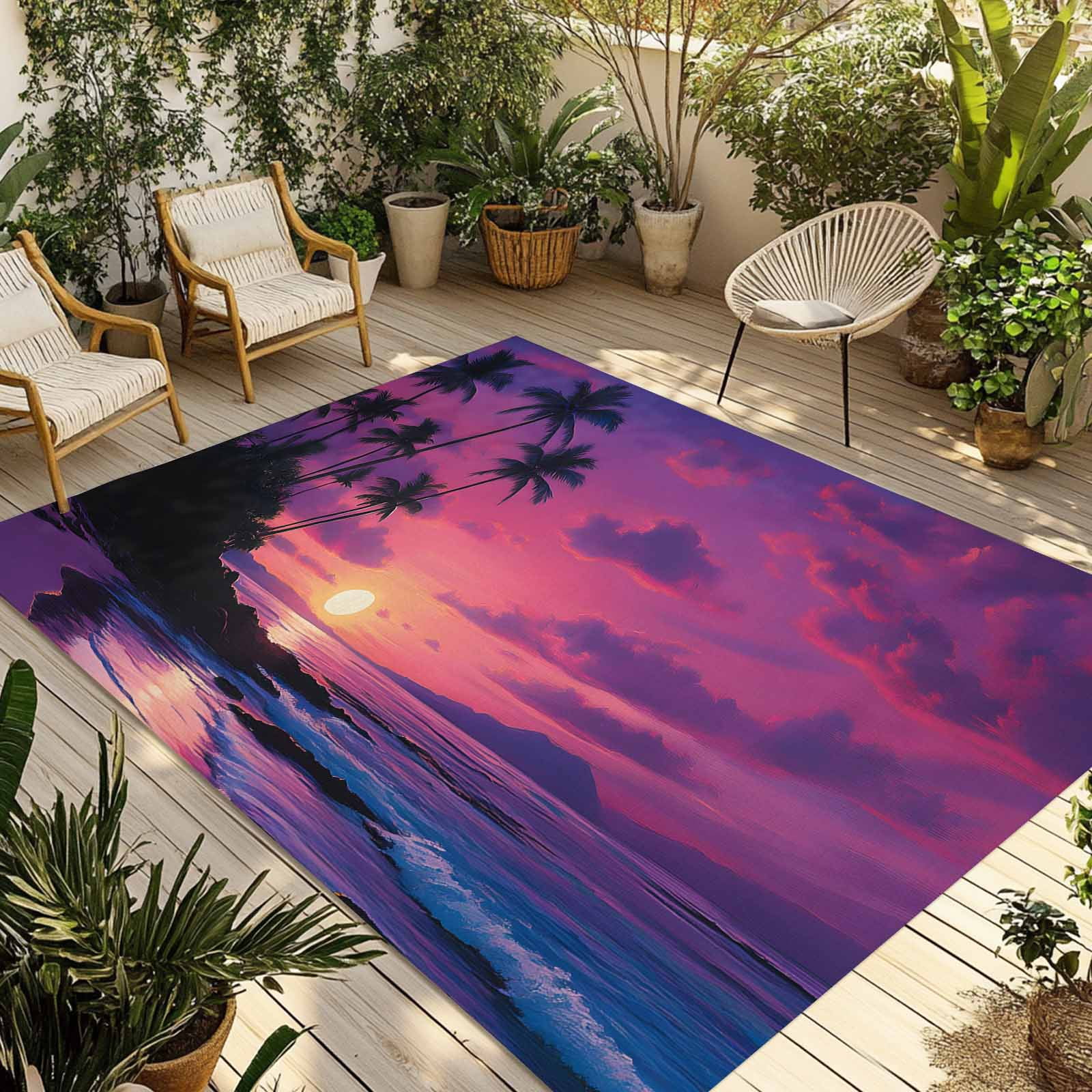 Fsddascl Ocean Sunset Outdoor Rug for Patio/Deck/Porch, Non-Slip Large Area Rug 5 x 8 Ft, Summer ...