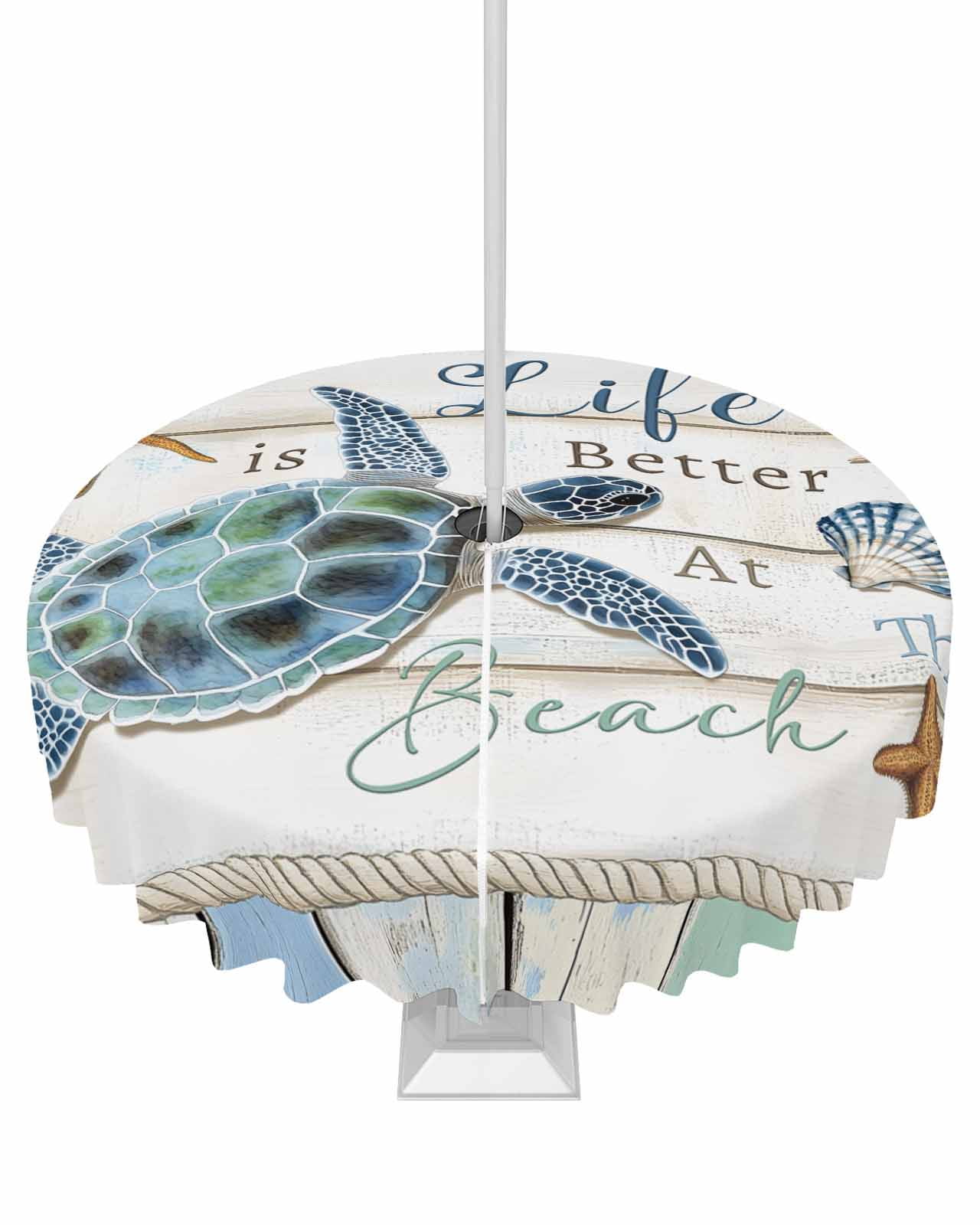 Fsddascl Ocean Turtle Outdoor Tablecloth - 60 Inch Round Dining Table Cover, Blue Starfish Shell ...