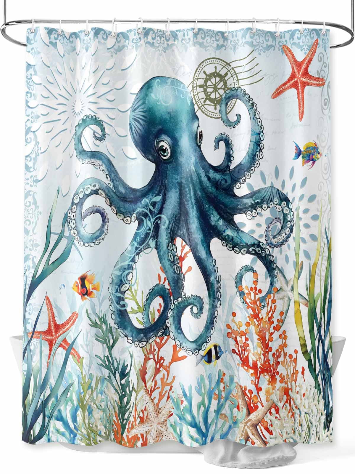 Fsddascl Octopus Coastal Shower Curtain Set - 48" x 72" Washable Bathtub Curtain with 12 Hooks ...