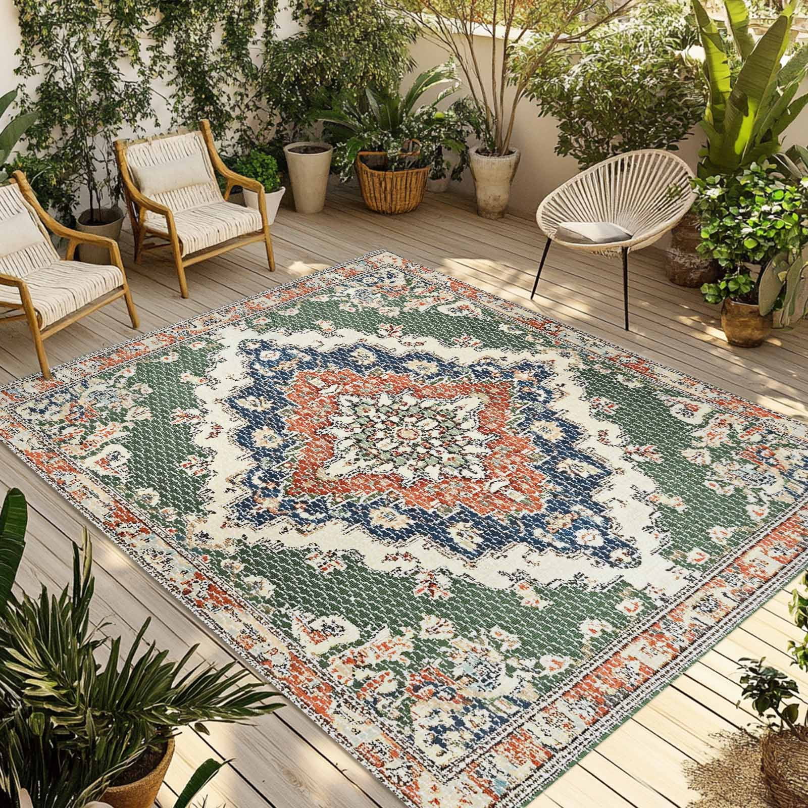 Fsddascl Orange Green Boho Outdoor Rug for Patio/Deck, Non-Slip Large ...