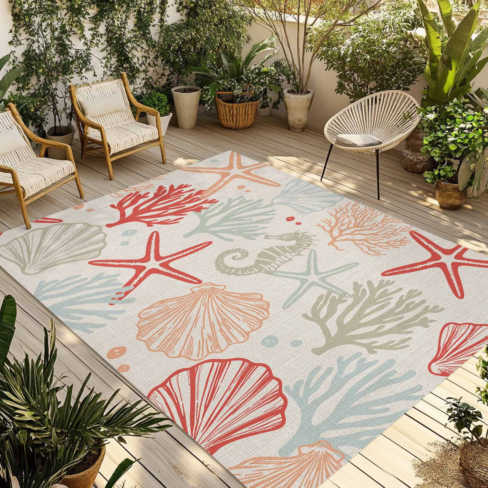 Fsddascl Orange Red Coastal Outdoor Rug for Patio/Deck/Porch, Non-Slip ...