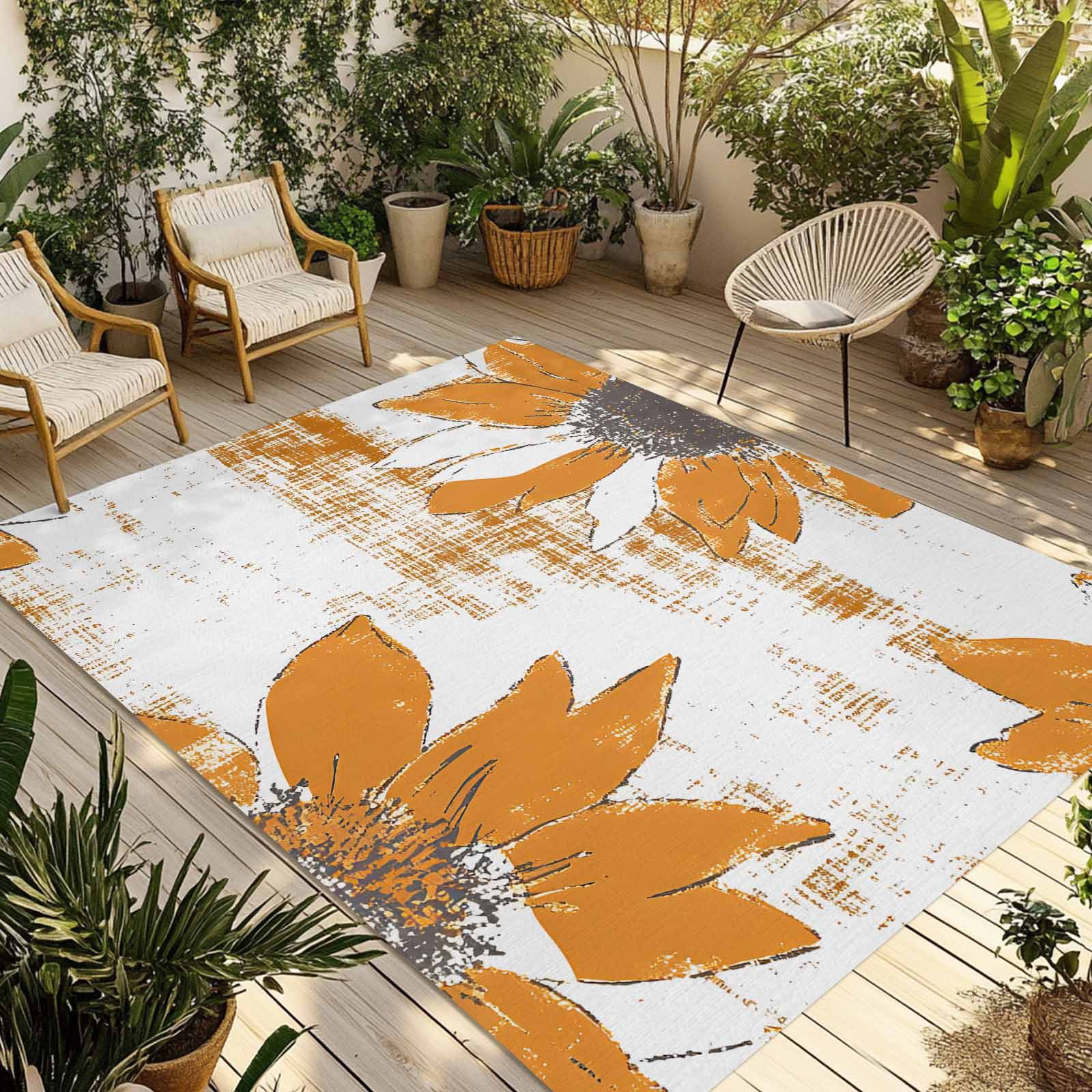 Fsddascl Orange Spring Floral Outdoor Rug for Patio/Deck/Porch, Non ...