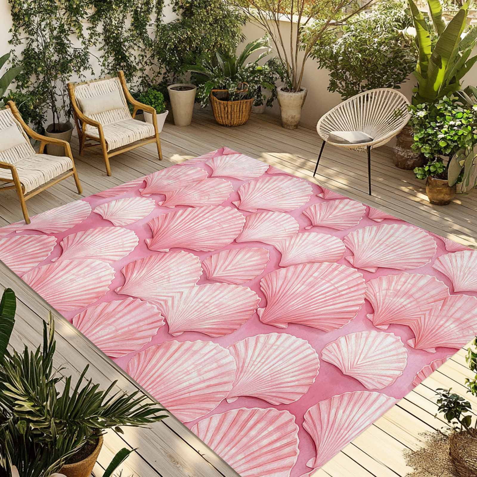 Fsddascl Pink Shell Coastal Outdoor Rug for Patio/Deck/Porch, Non-Slip ...