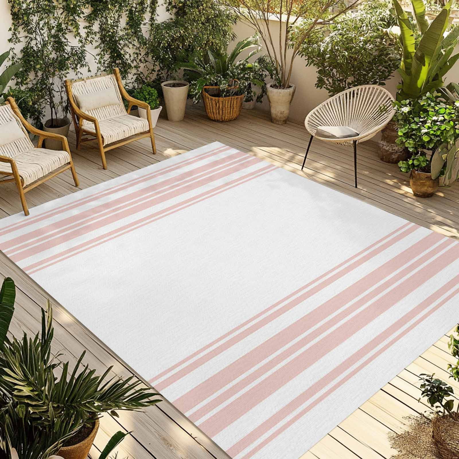 Fsddascl Pink Striped Outdoor Rug for Patio/Deck, Non-Slip Large Area ...