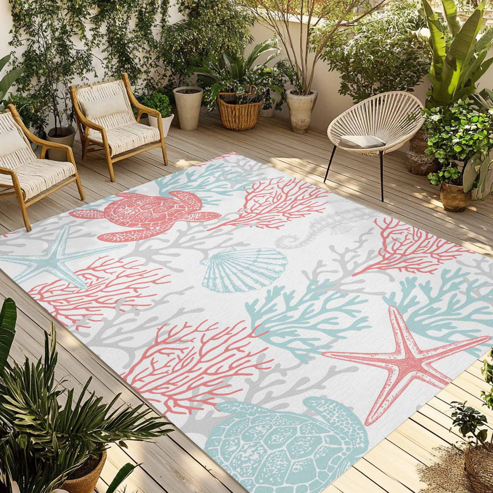 Fsddascl Red Aqua Coastal Outdoor Rug for Patio/Deck, Non-Slip Large ...
