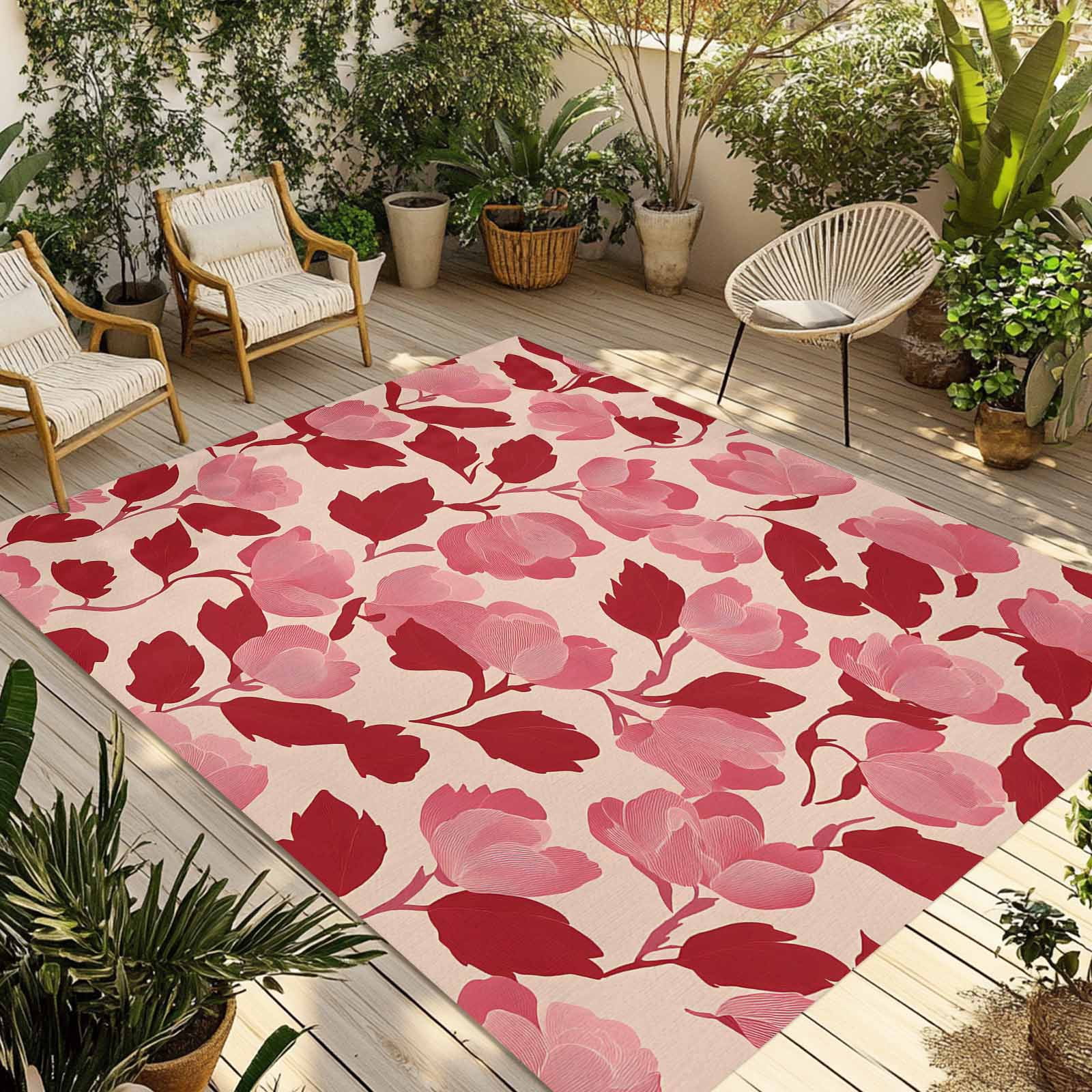 Fsddascl Red Pink Floral Spring Outdoor Rug for Patio/Deck/Porch, Non ...
