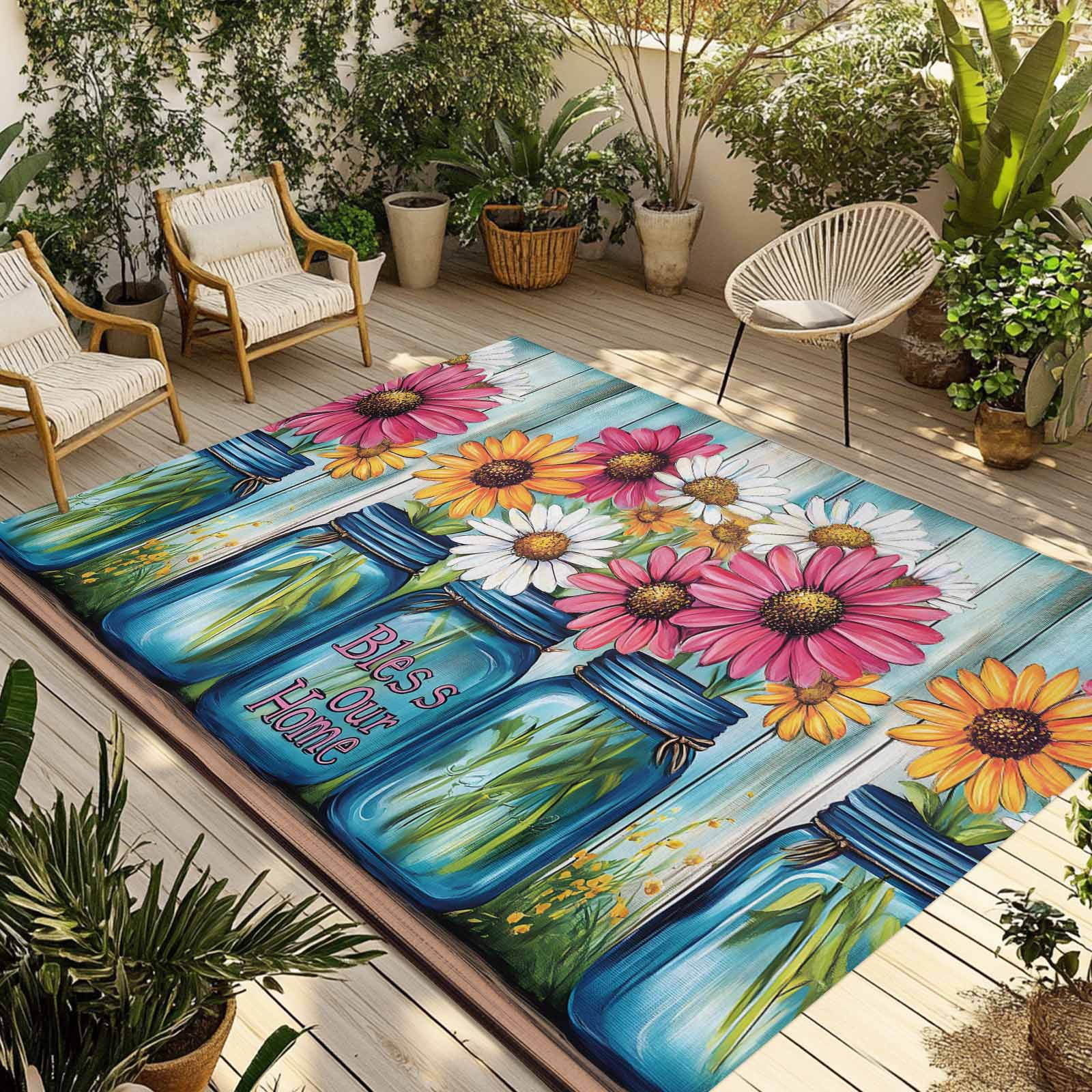 Fsddascl Red White Daisy Outdoor Rug for Patio/Deck/Porch, Non-Slip ...