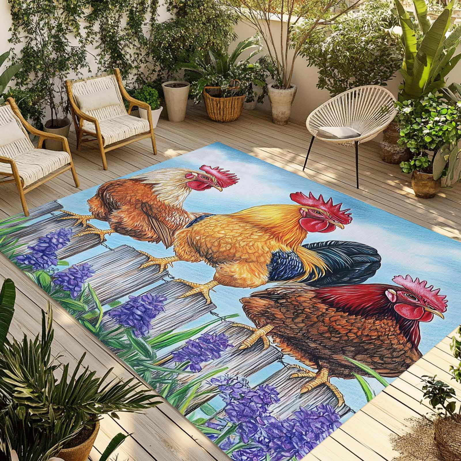 Fsddascl Retro Rooster Outdoor Rug for Patio/Deck/Porch, Non-Slip Large ...