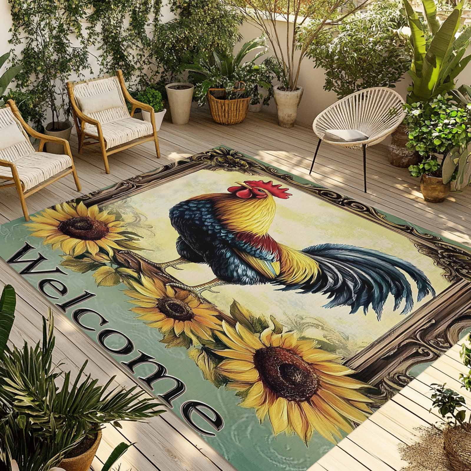 Fsddascl Retro Rooster Outdoor Rug for Patio/Deck/Porch, Non-Slip Large ...