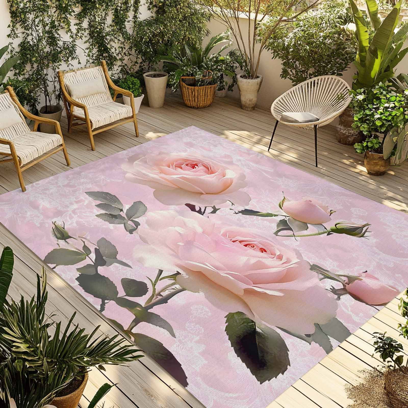 Fsddascl Romantic Pink Roses Outdoor Rug for Patio/Deck/Porch, Non-Slip ...