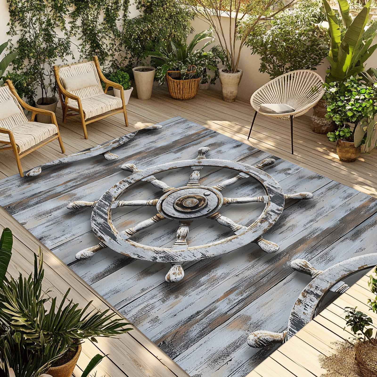 Fsddascl Rudder Coastal Outdoor Rug for Patio/Deck/Porch, Non-Slip ...