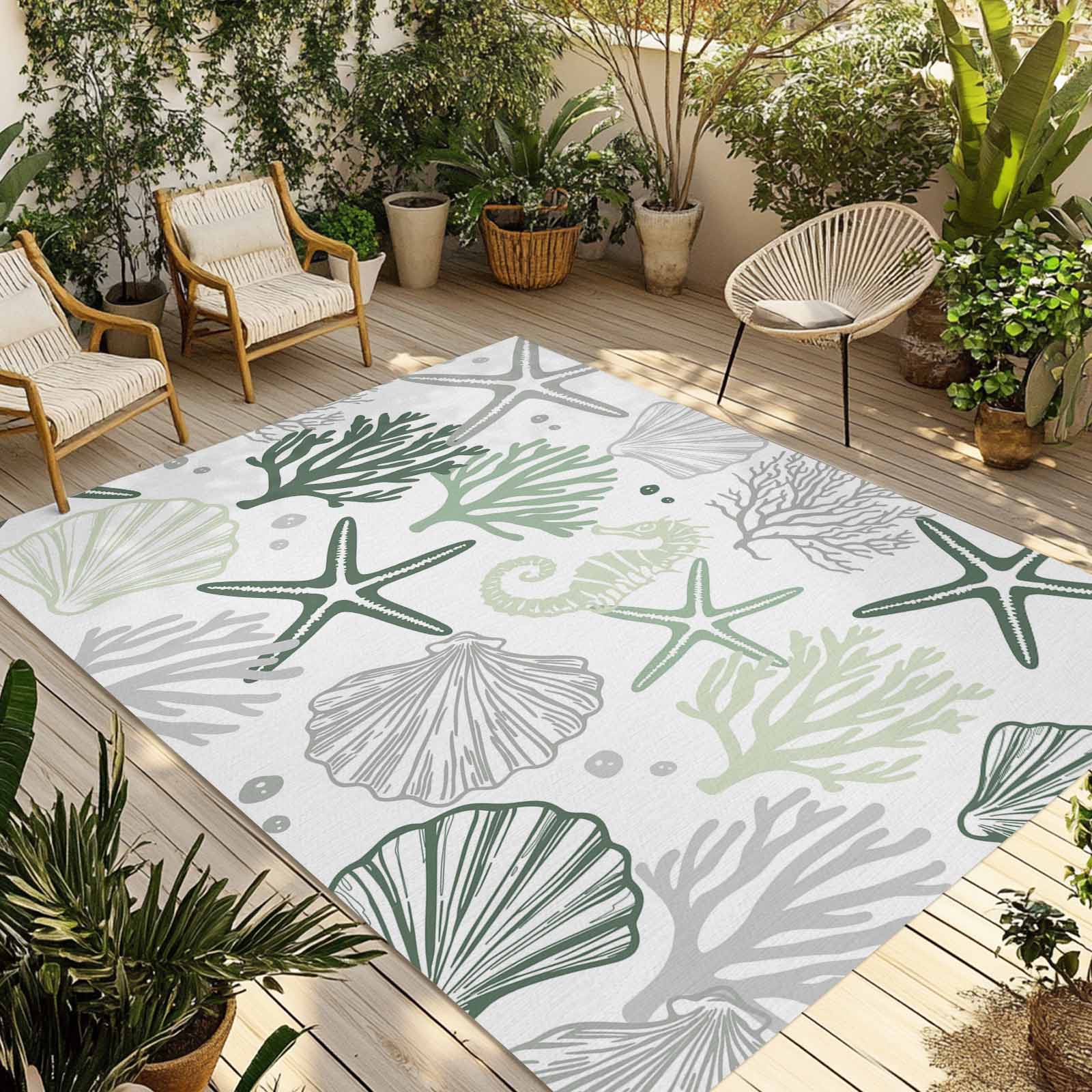 Fsddascl Sage Green Coastal Outdoor Rug for Patio/Deck/Porch, Non-Slip ...