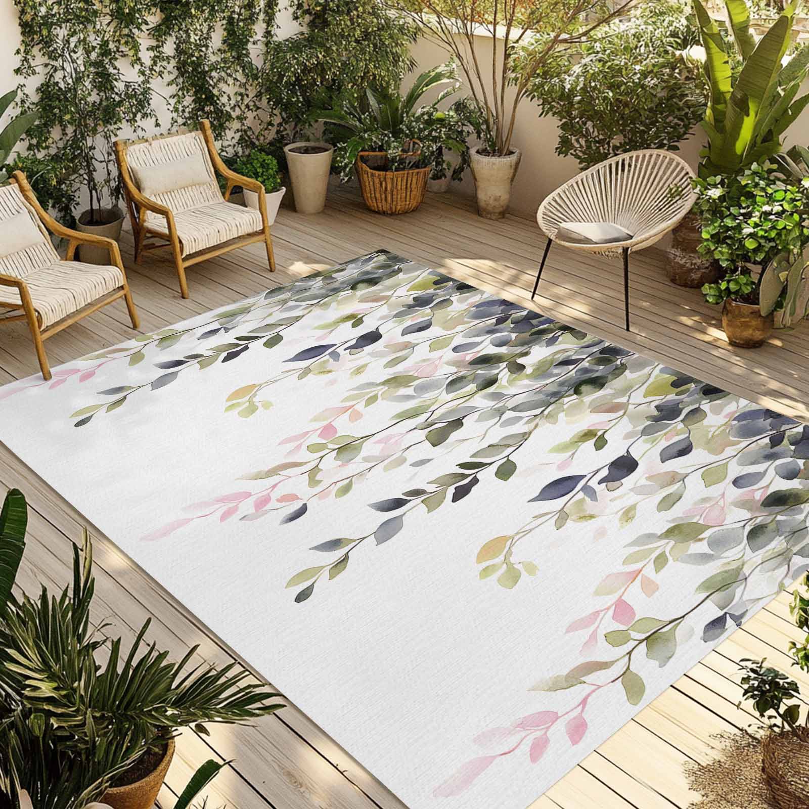 Fsddascl Sage Green Leaves Outdoor Rug for Patio/Deck/Porch, Non-Slip ...