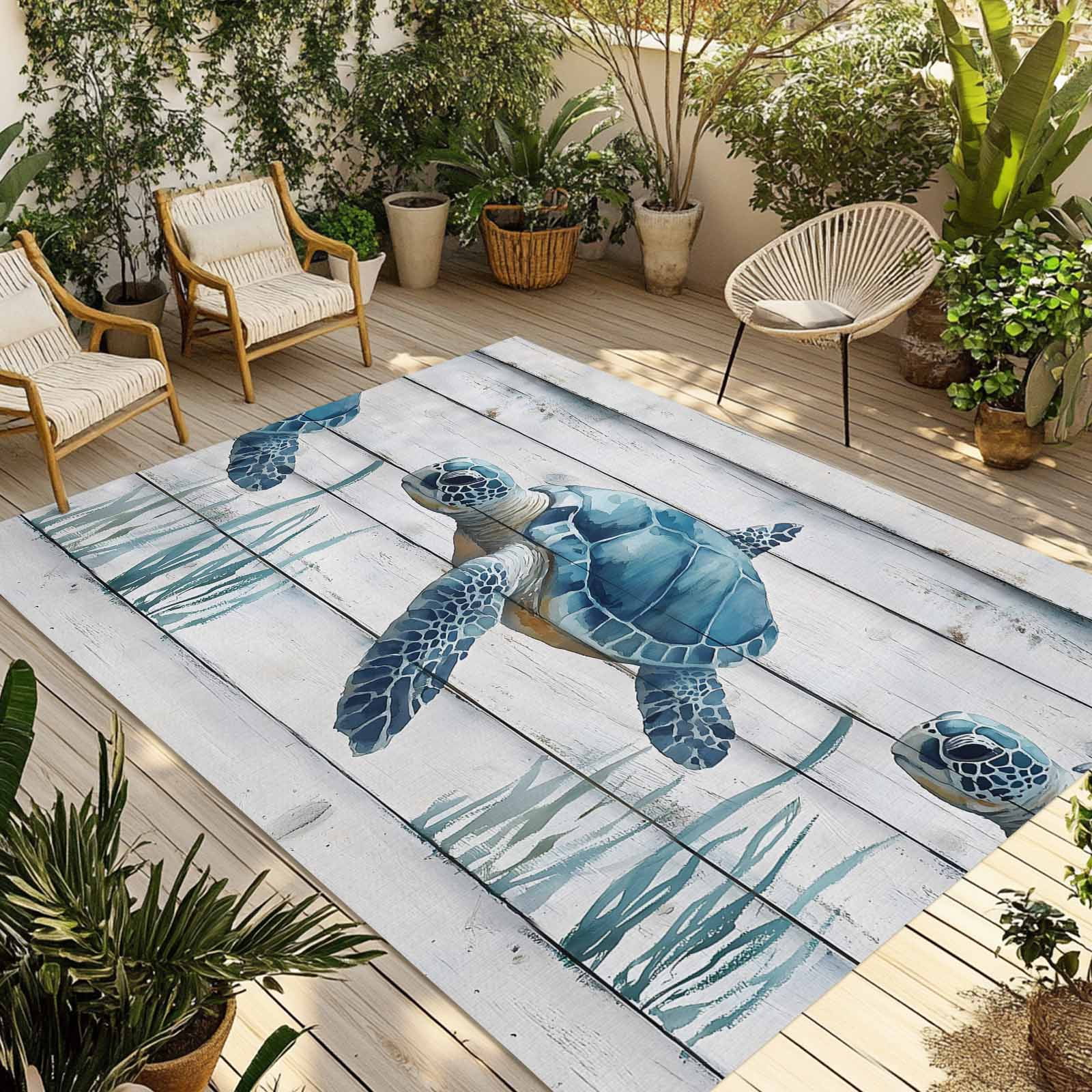 Fsddascl Sea Turtle Blue Outdoor Rug for Patio/Deck/Porch, Non-Slip ...