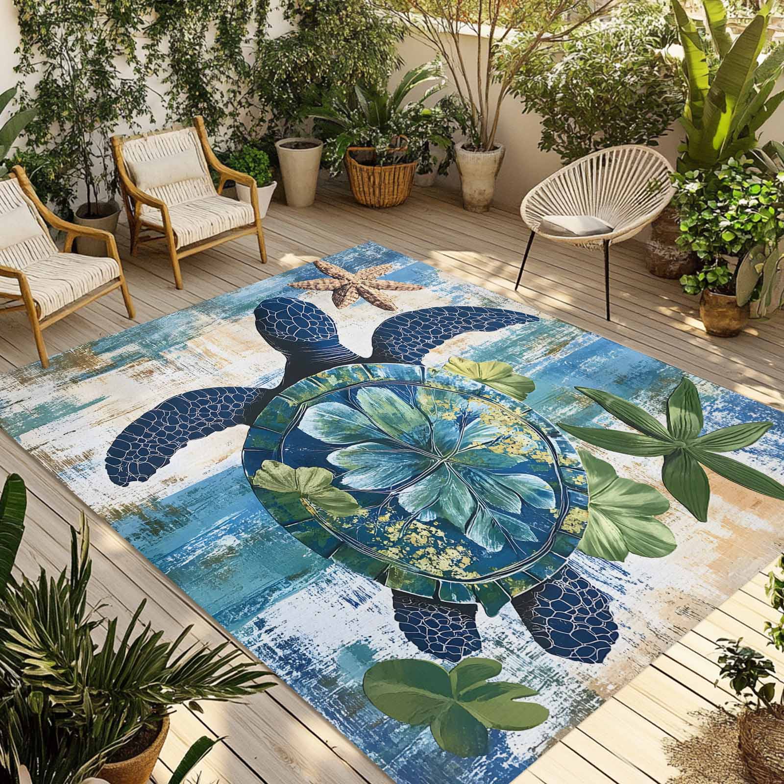 Fsddascl Sea Turtle Coastal Outdoor Rug for Patio/Deck/Porch, Non-Slip ...