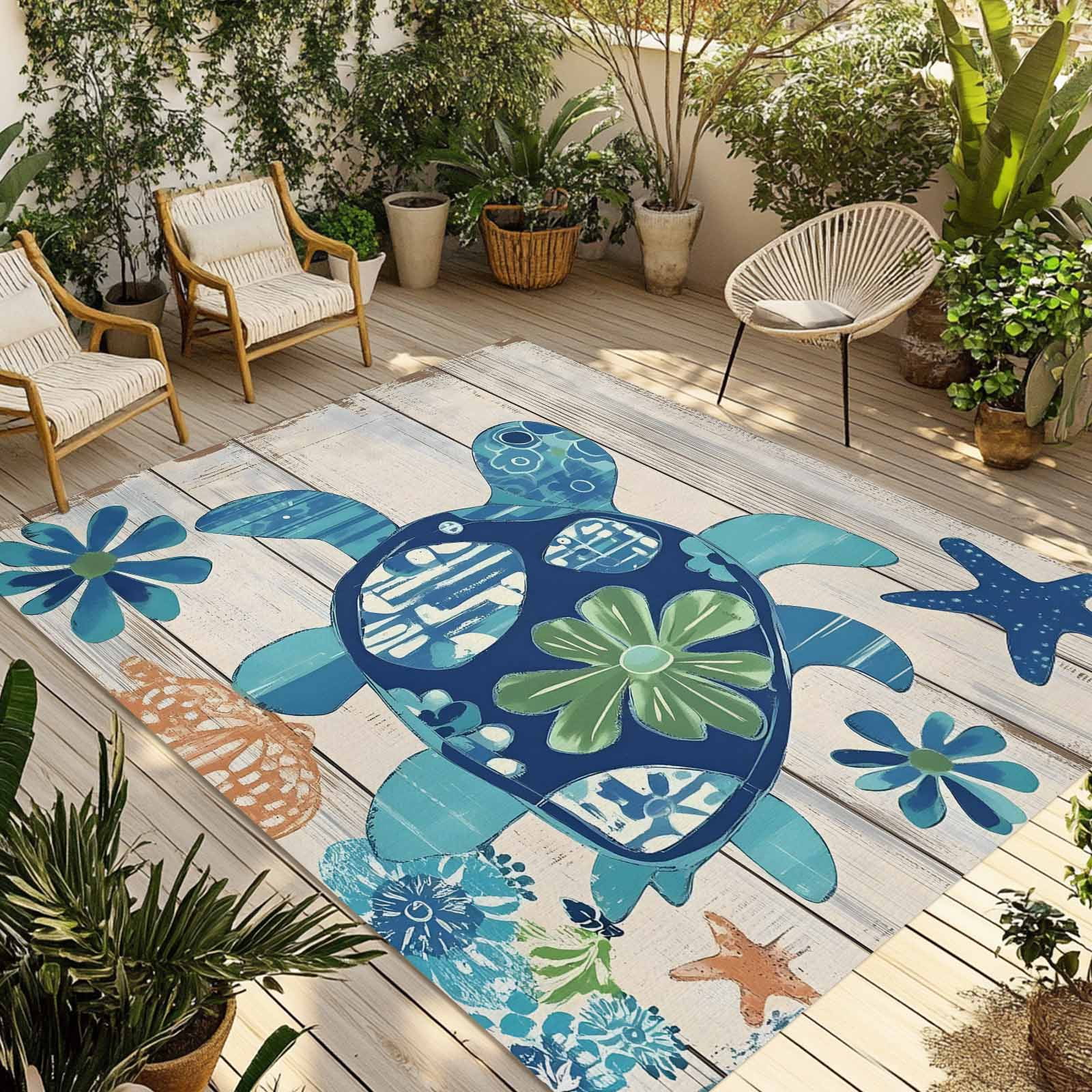 Fsddascl Sea Turtle Coastal Outdoor Rug for Patio/Deck/Porch, Non-Slip ...