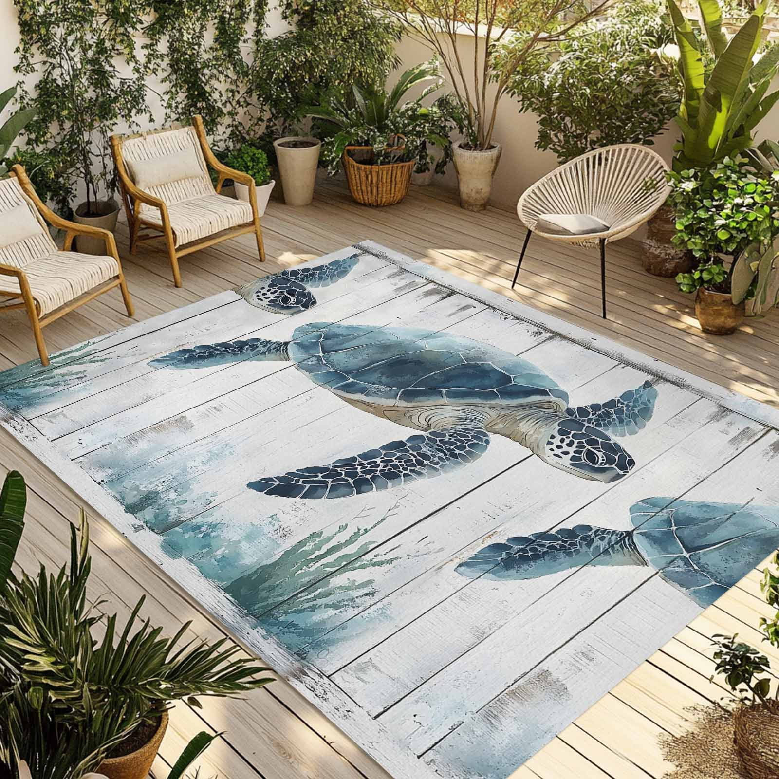 Fsddascl Sea Turtle Teal Blue Outdoor Rug for Patio/Deck/Porch, Non ...